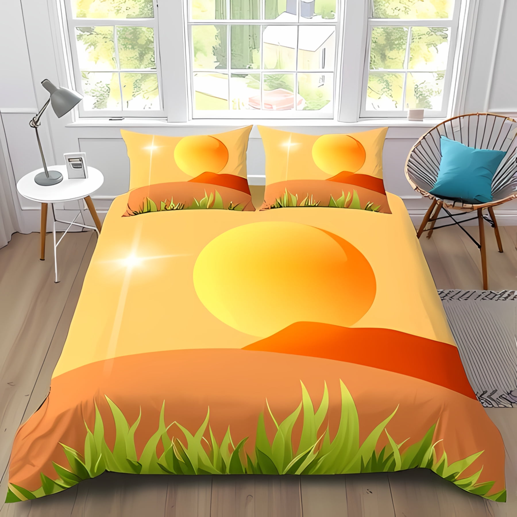 Vibrant Sunset 3-Piece Duvet Cover Set - Large Yellow Sun Orange Hills ...