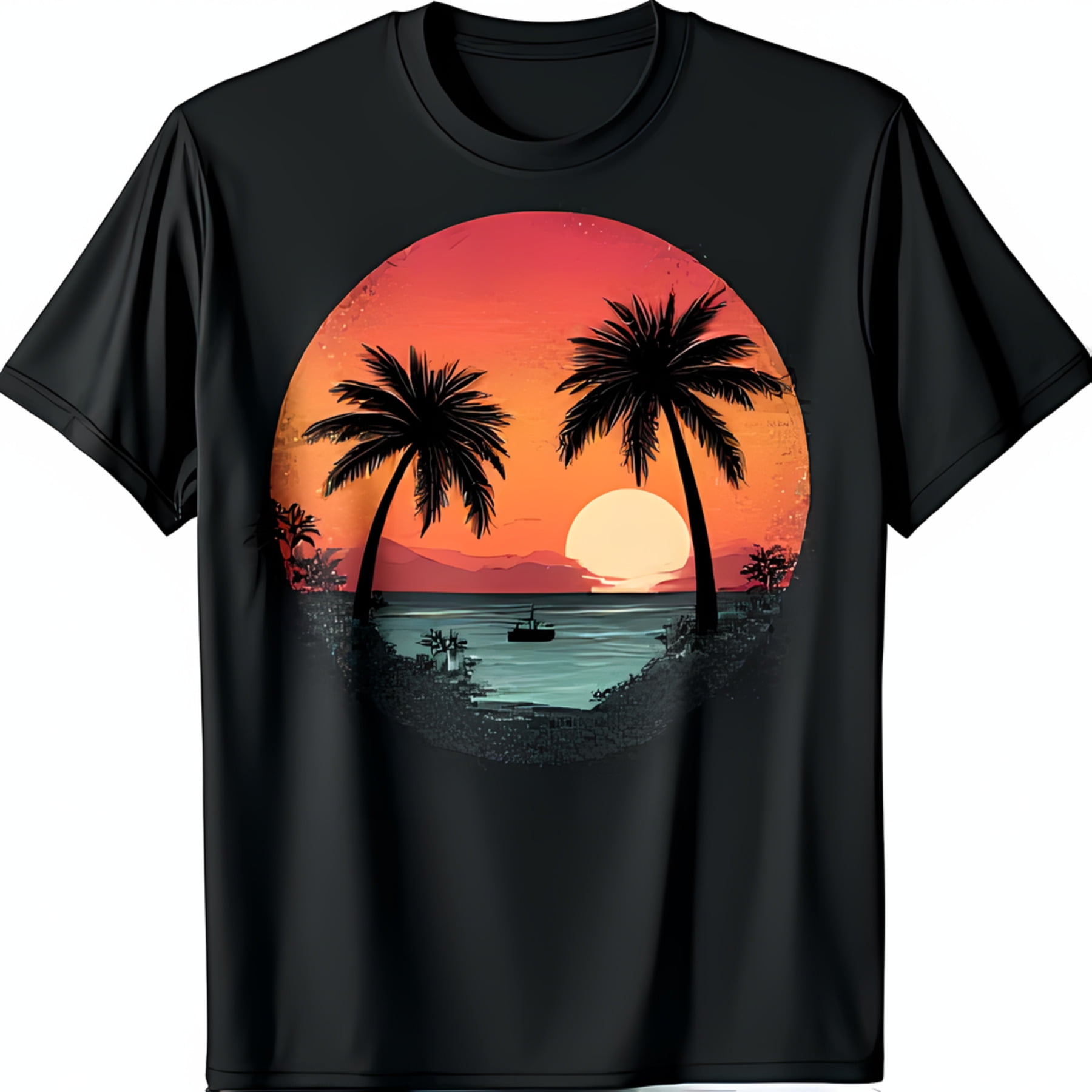 Vibrant Sunset Beach Scene Black T-Shirt with Trees & Boat Design ...
