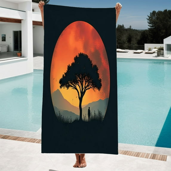 Vibrant Sunset Beach Towel - Serene Tree Silhouette Design Perfect for ...