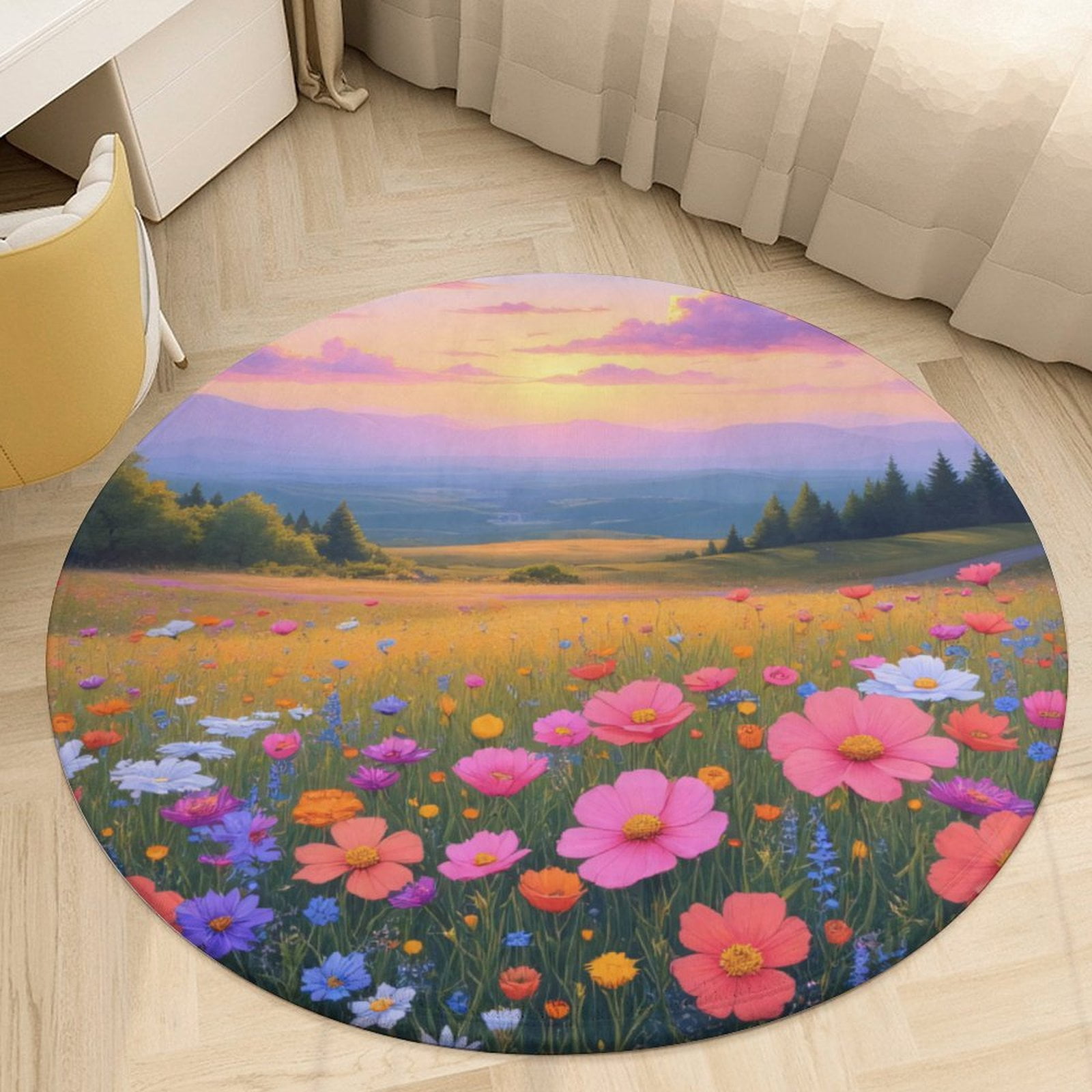 Vibrant Sunset Floral Landscape Round Area Rugs for Bedroom Living Room ...