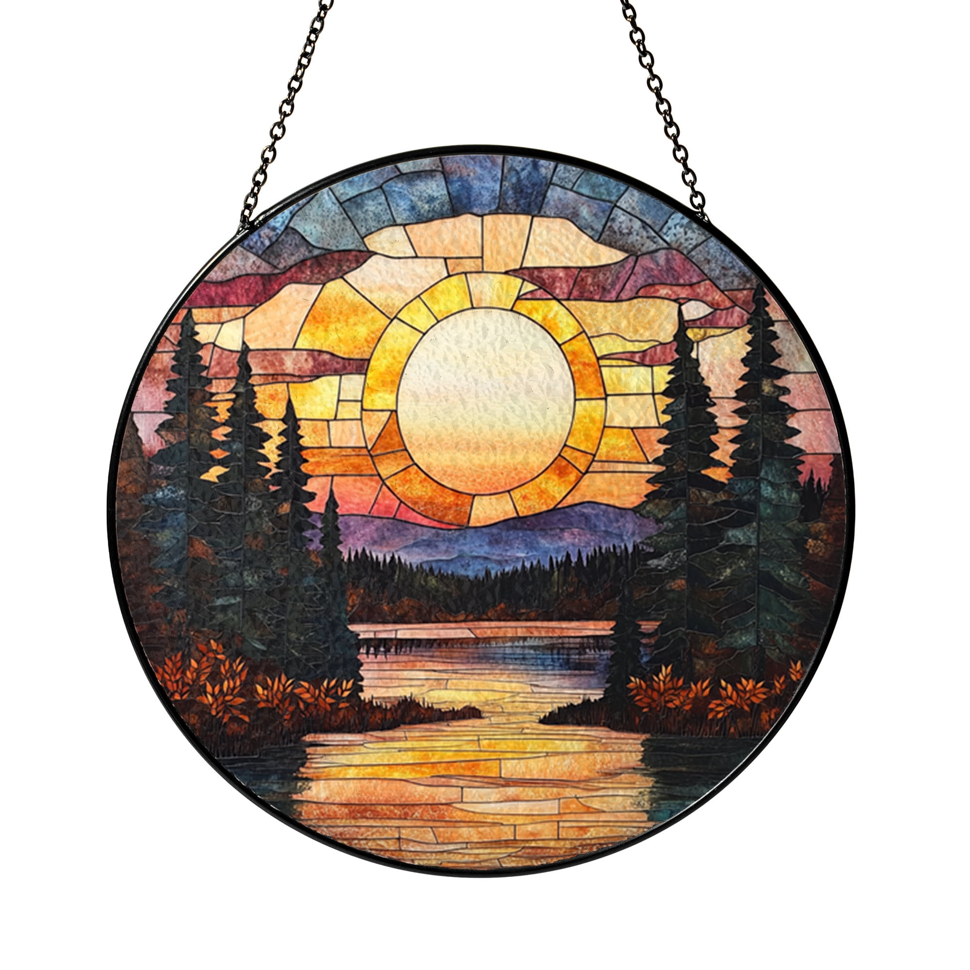 Vibrant Sunset Forest Lake Stained Glass Style Suncatcher Window ...