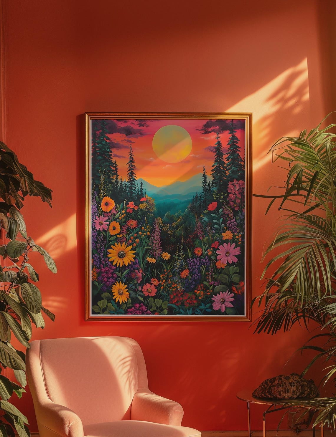 Vibrant Sunset Mountain Landscape Painting, 70S Poster, Wildflower ...