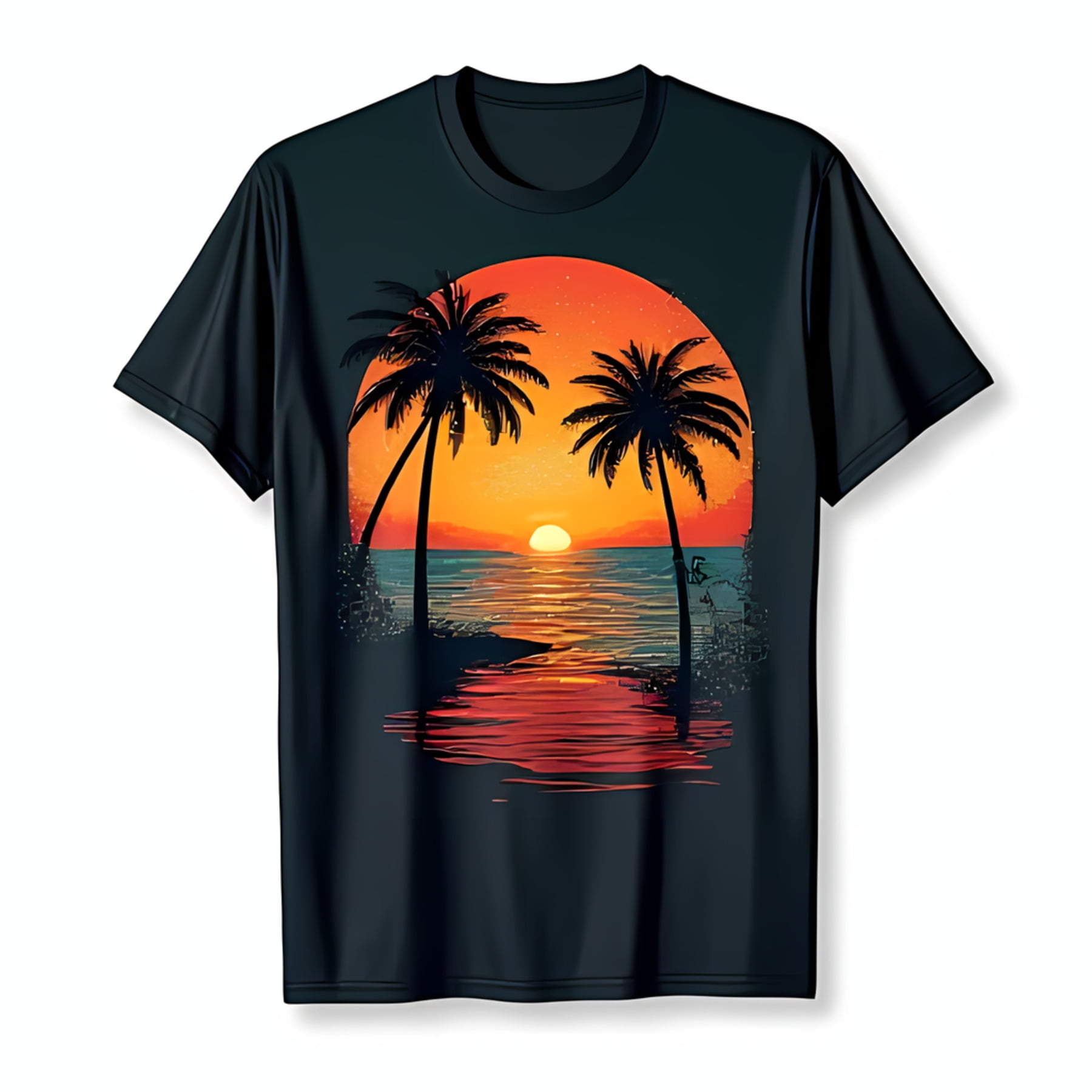 Vibrant Sunset Ocean Scene Black T-Shirt with Tree for Nature Lovers ...