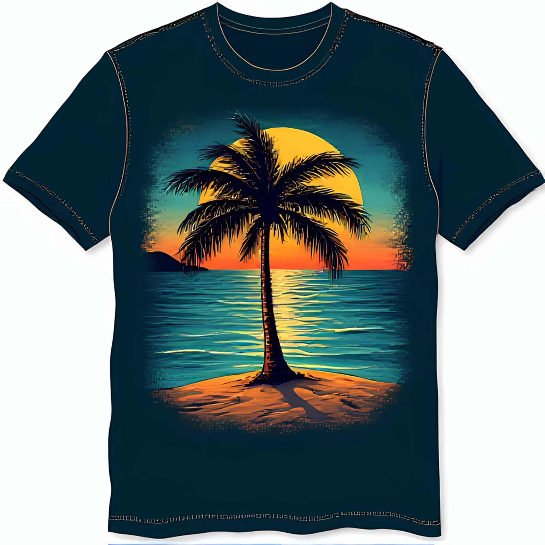 Vibrant Sunset Scene T-Shirt with Tree Design Deep Blue Ocean & Warm ...