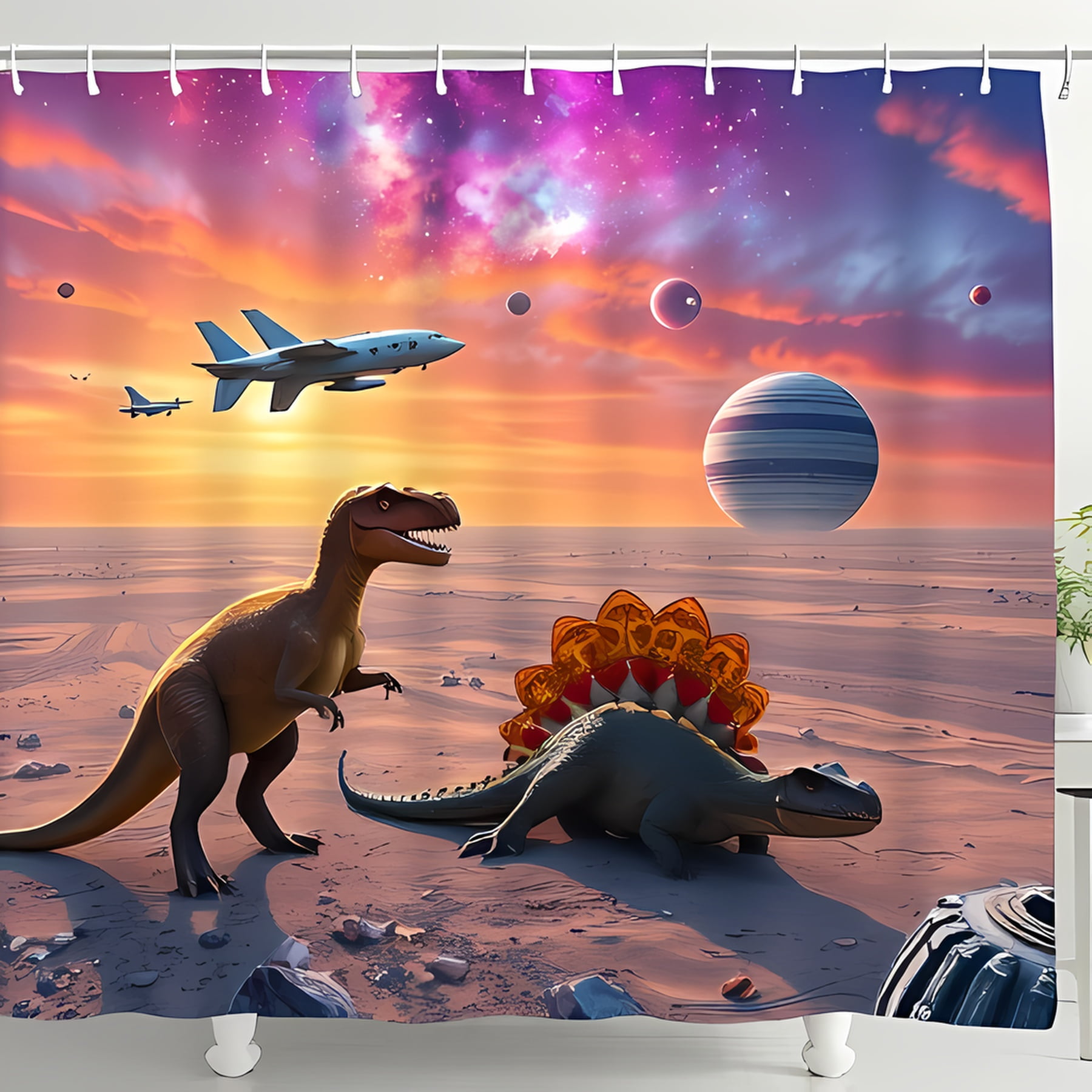 Vibrant Sunset Shower Curtain - Featuring Dinosaurs & Futuristic Jet ...