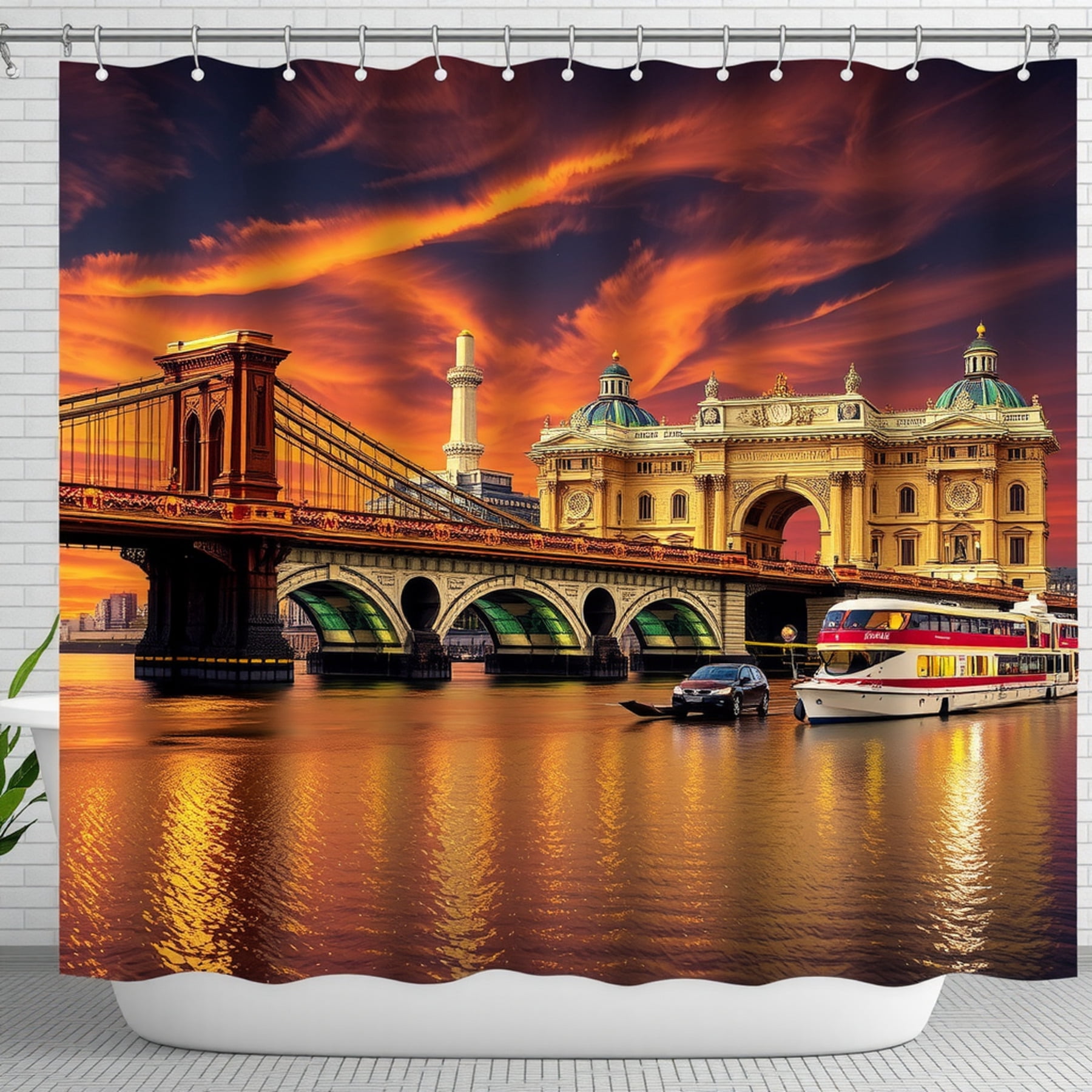 Vibrant Sunset Shower Curtain - Scenic River Bridge Design - Walmart.com