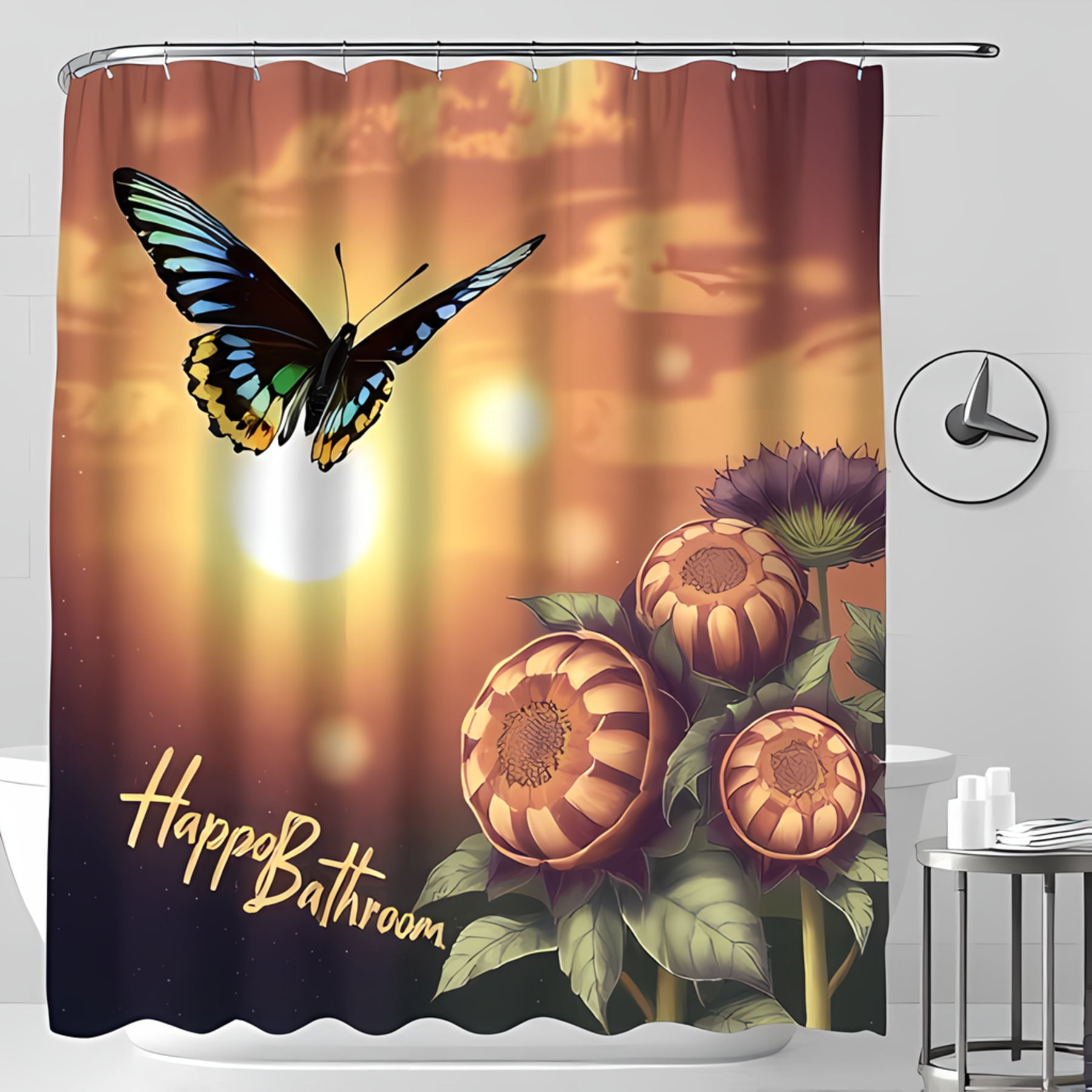 Vibrant Sunset Shower Curtain with Butterfly & Floral Design - Serene ...
