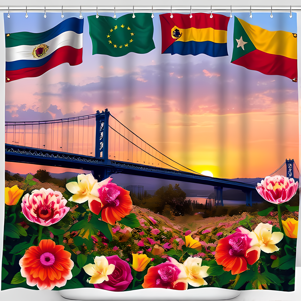 Vibrant Sunset Shower Curtain with Suspension Bridge & Colorful Flowers ...