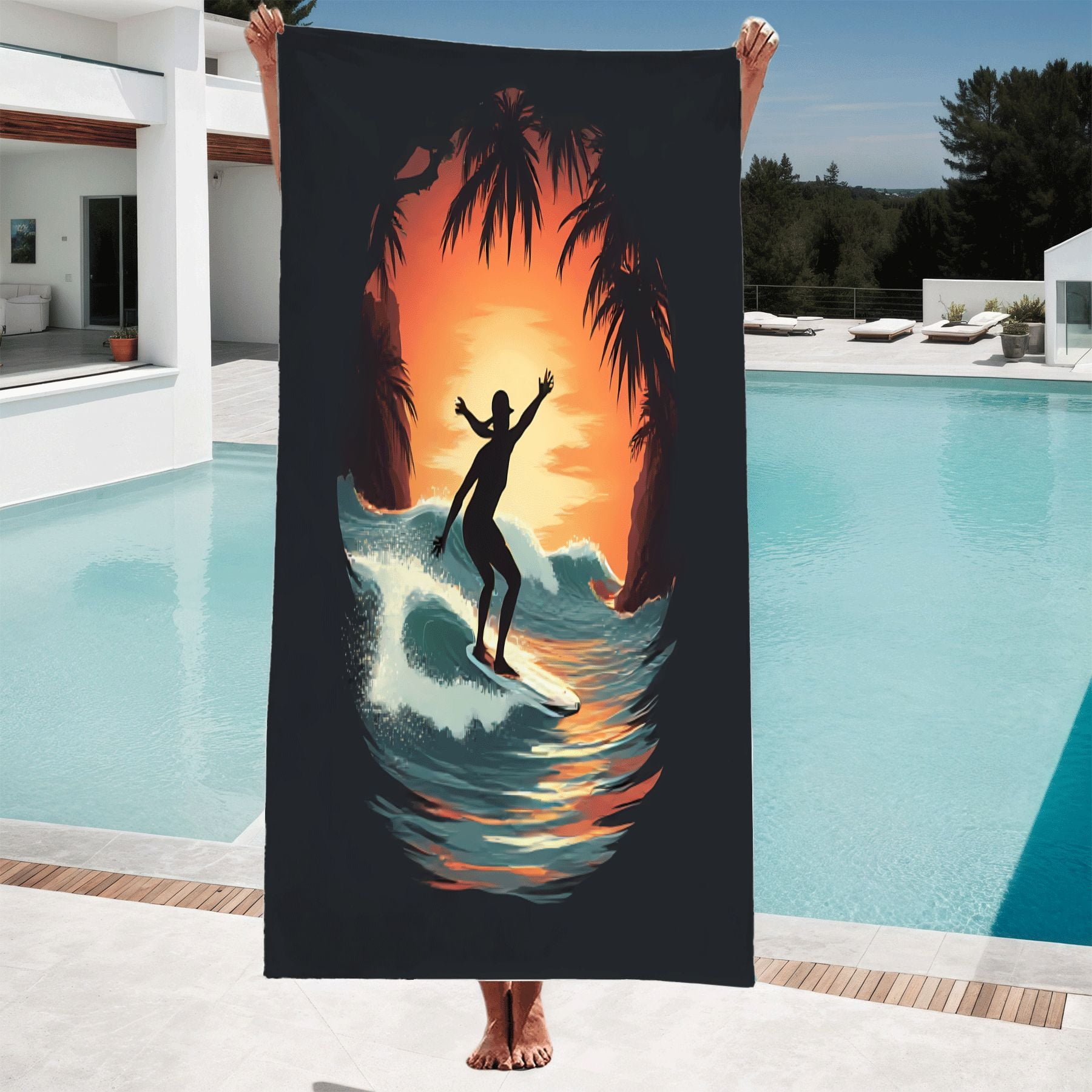 Vibrant Sunset Surfer Beach Towel - Joyful Silhouette Design with Palm ...