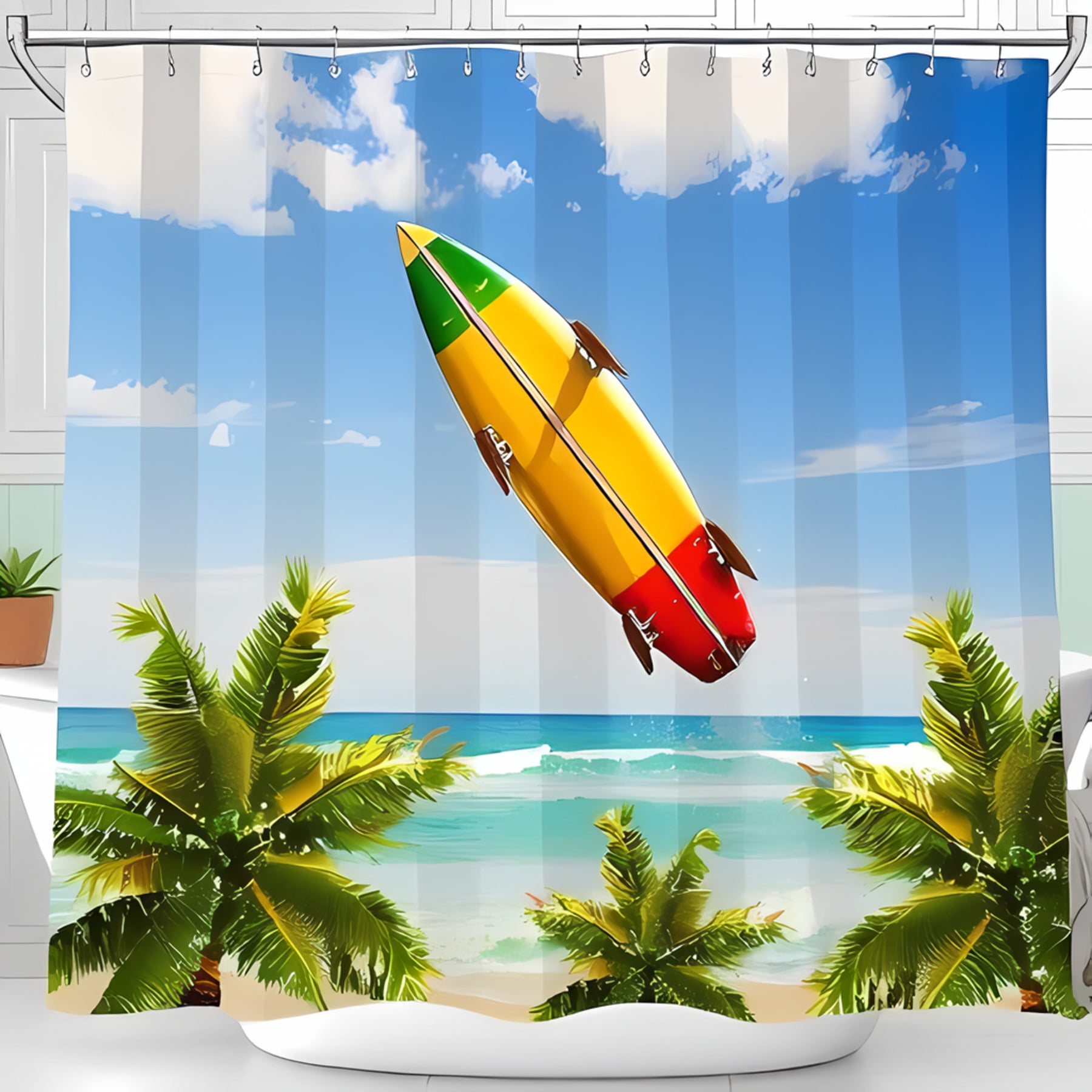 Vibrant Surfboard Shower Curtain - Tropical Beach Scene Colorful Design for a Fun Bathroom Decor ...