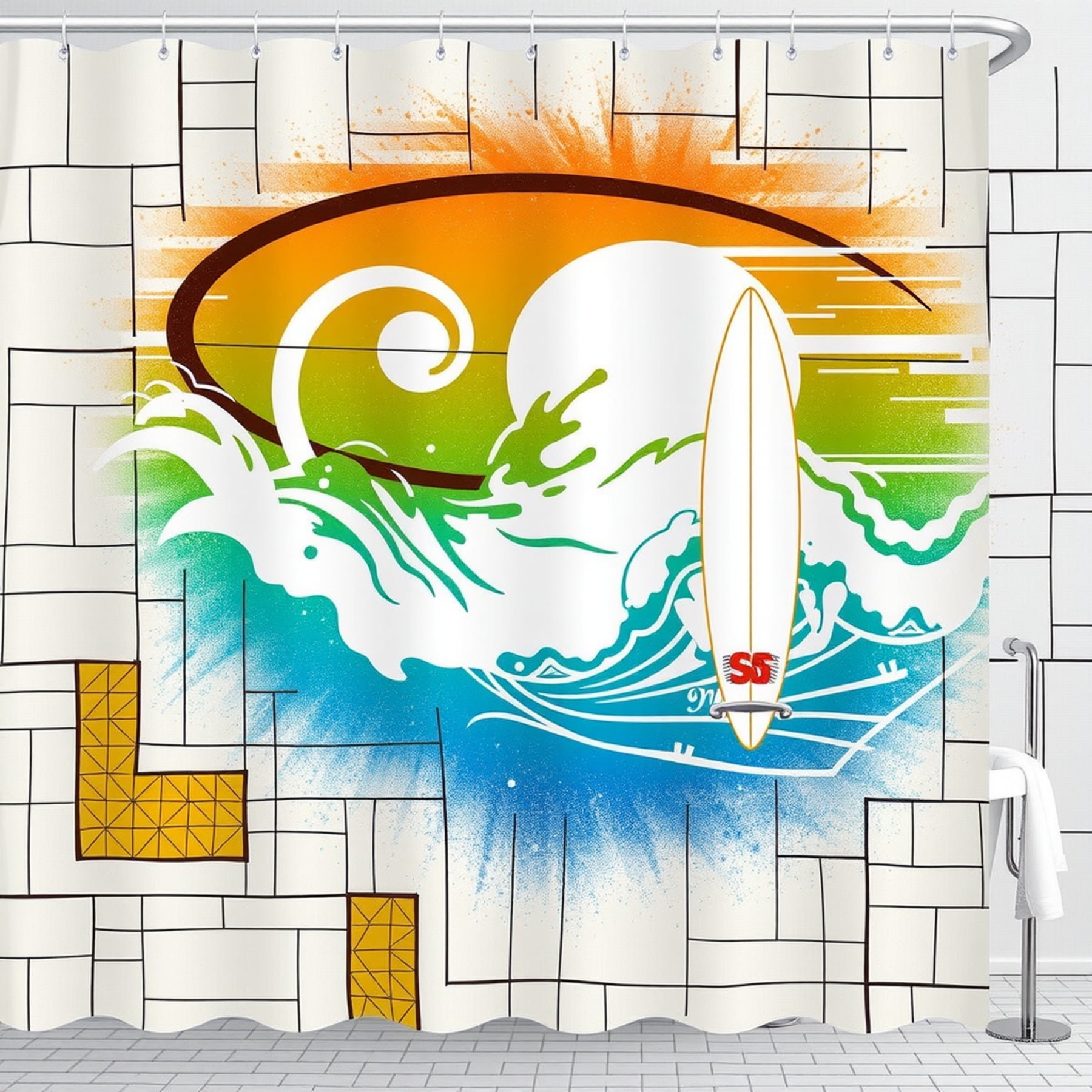 Vibrant Surfing-Inspired Shower Curtain with Waves& Maze Design ...