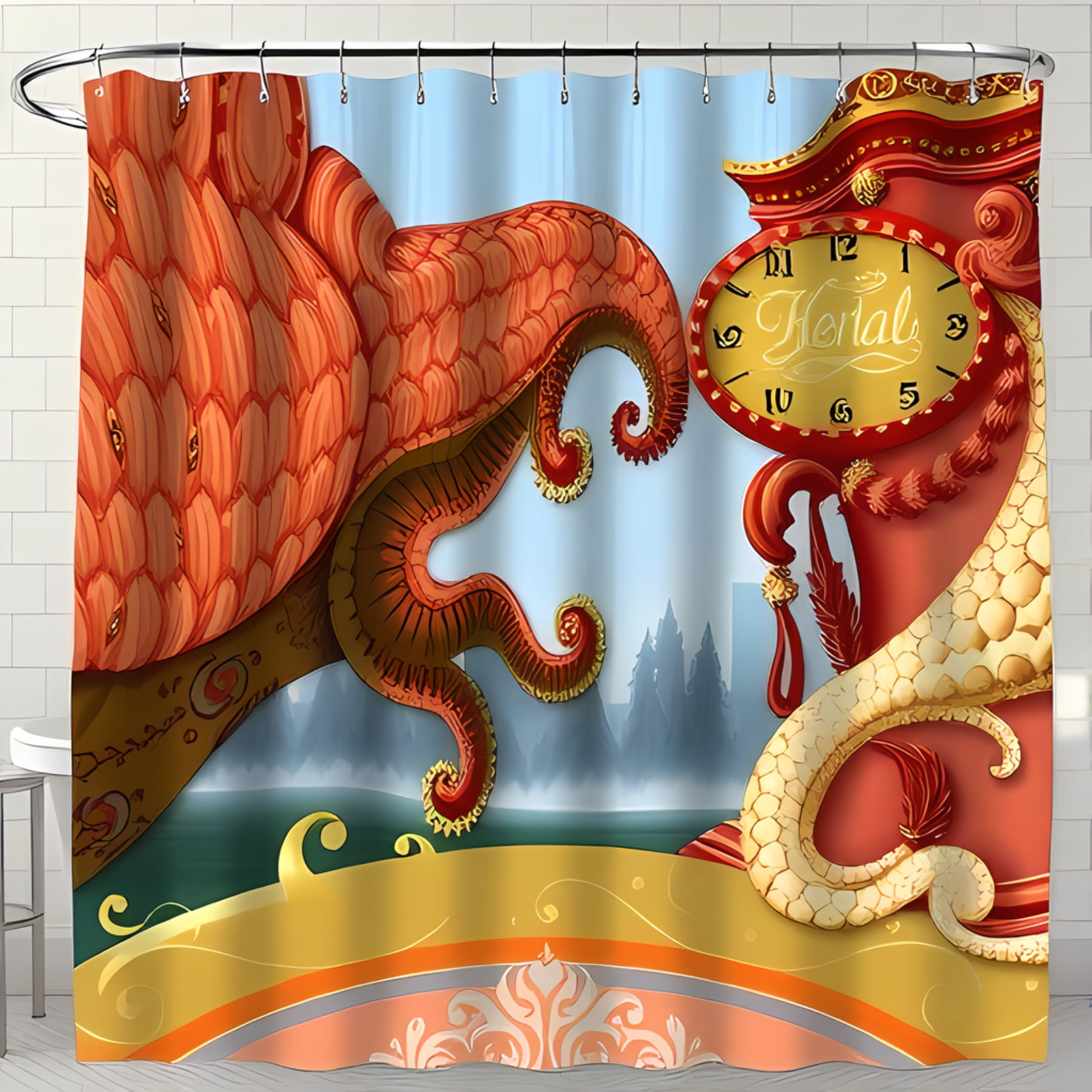 Vibrant Surreal Clock Shower Curtain - Fantasy & Design with Tentacle ...