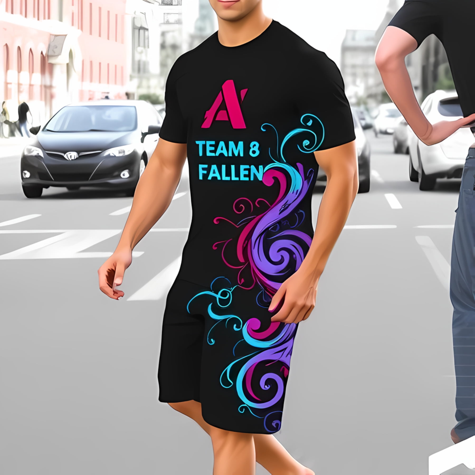 Vibrant Swirl Pattern Black T-Shirt & Shorts Set - Bright Blue & Pink " TEAM & FALLEN " Design ...