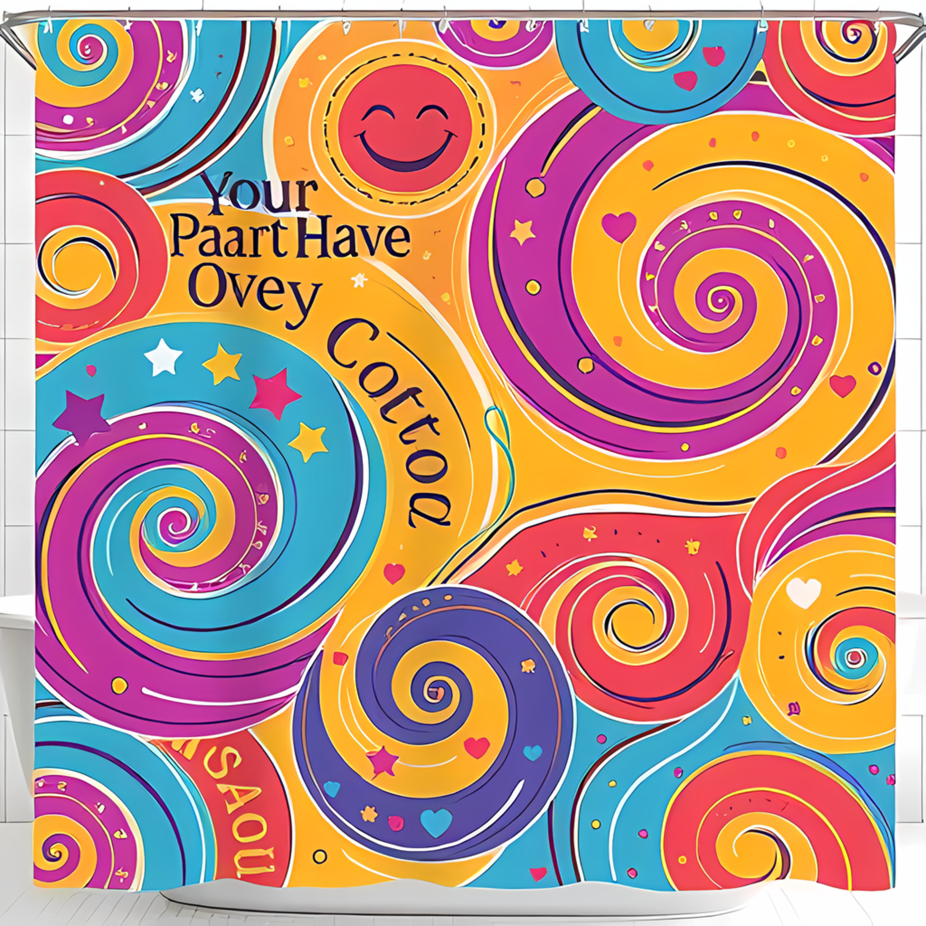 Vibrant Swirl Pattern Shower Curtain with Playful Smiling Face ...
