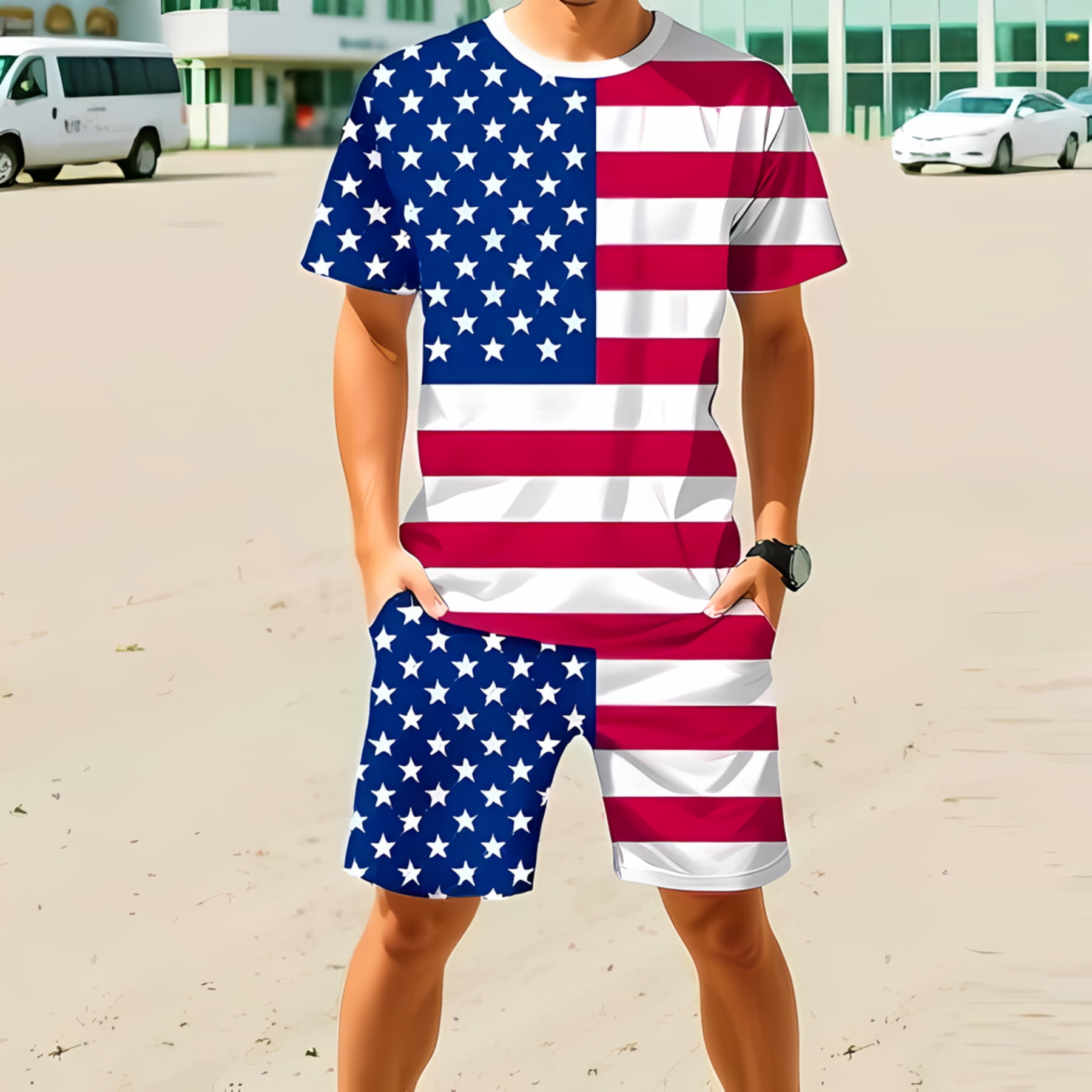 Vibrant T-Shirt and Shorts Set - Bold Stars and Stripes Pattern Stylish ...