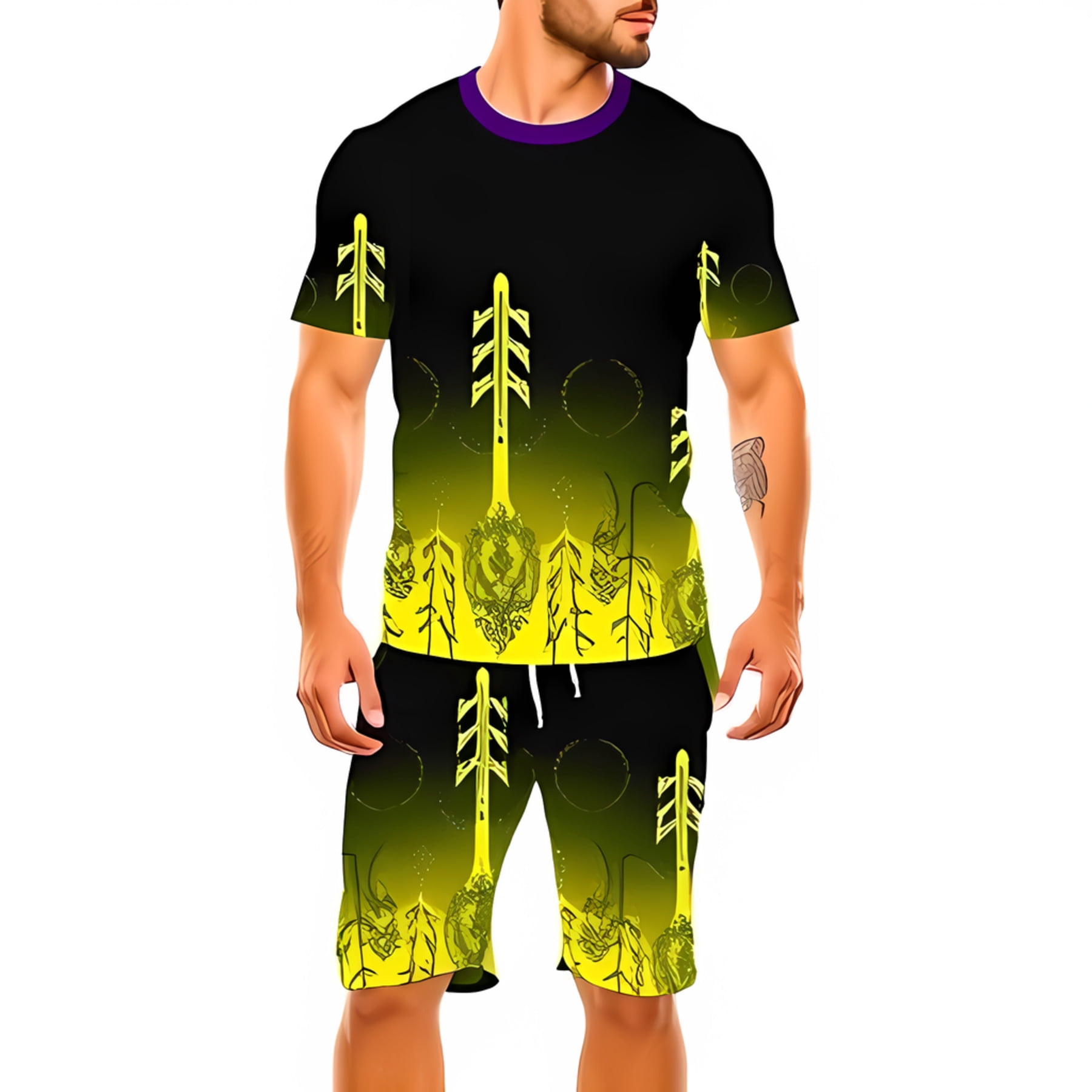 Vibrant T-Shirt and Shorts Set for Men - Tribal Motif Design in Yellow ...