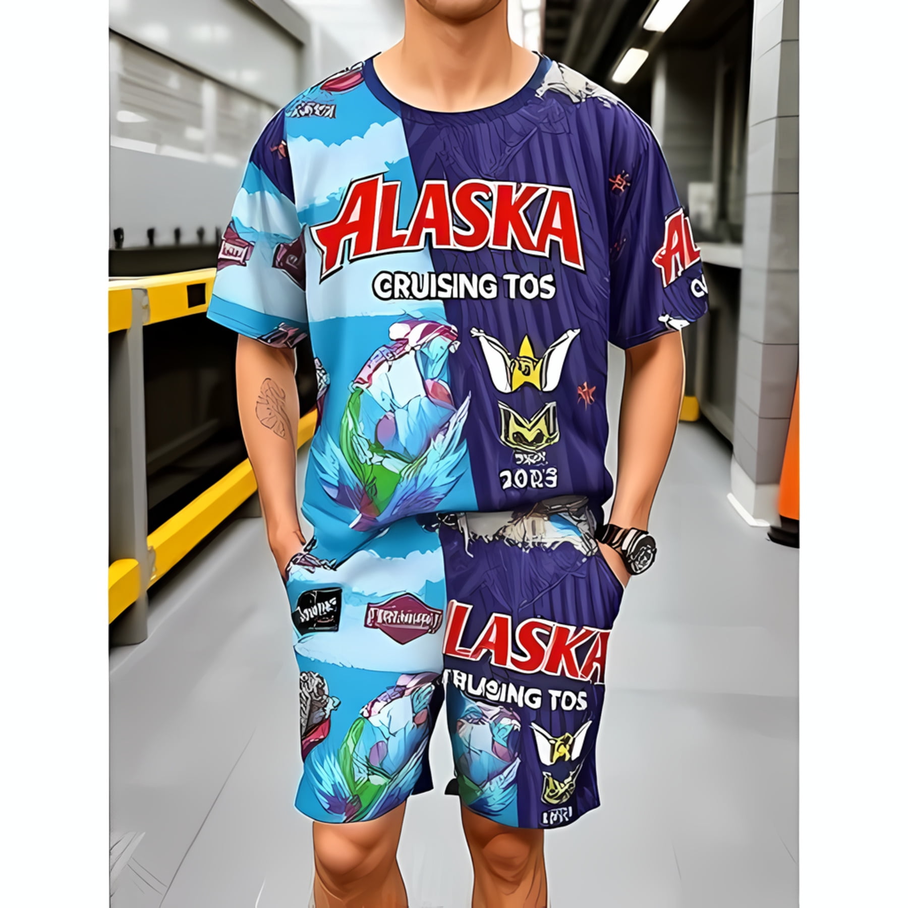 Vibrant T-Shirt and Shorts Set for Summer - Bold 'ALASKA' Graphics with Fish Patterns - Perfect ...