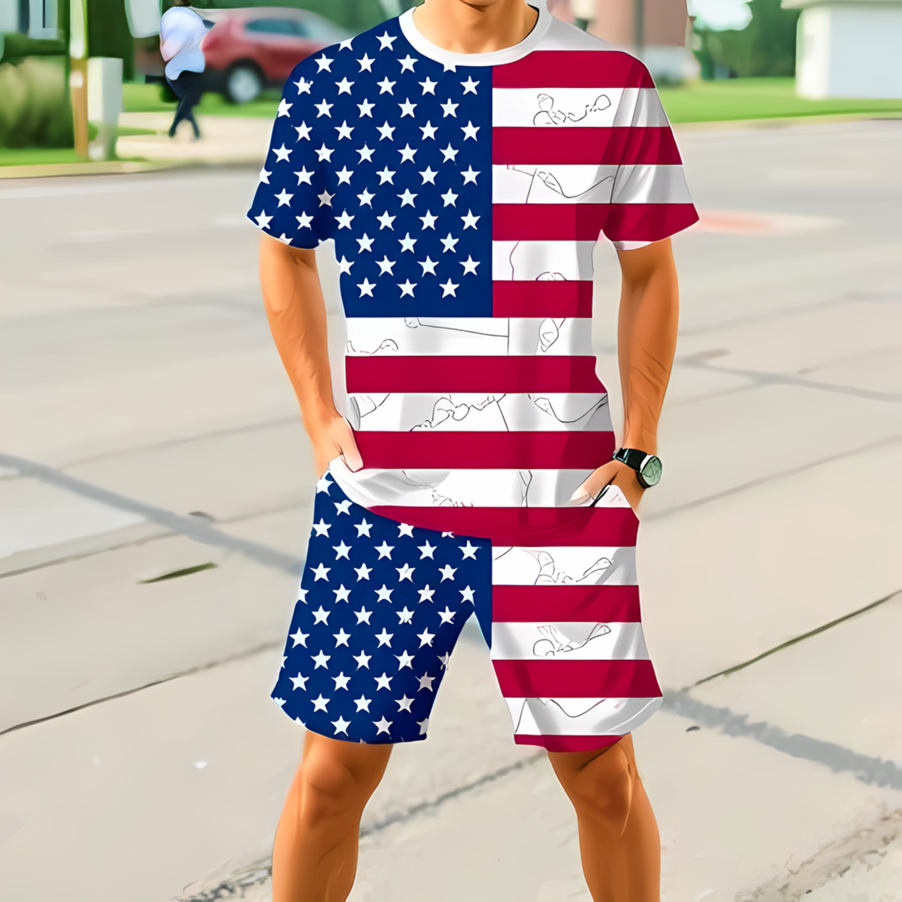 Vibrant T-Shirt and Shorts Set with Map Overlay - Stylish Summer Outfit ...