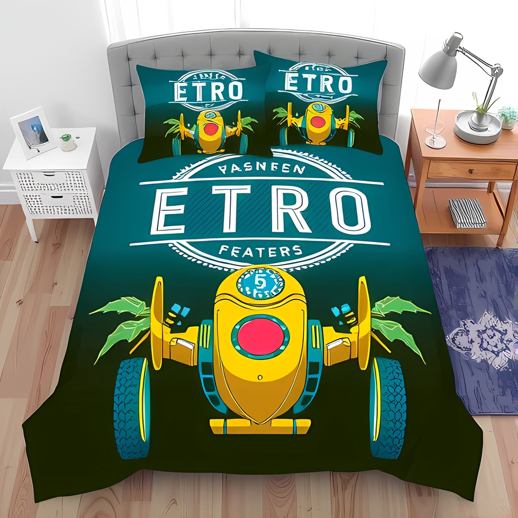 Vibrant Teal 3-Piece Duvet Cover & Pillowcase Set - Retro-Futuristic ...