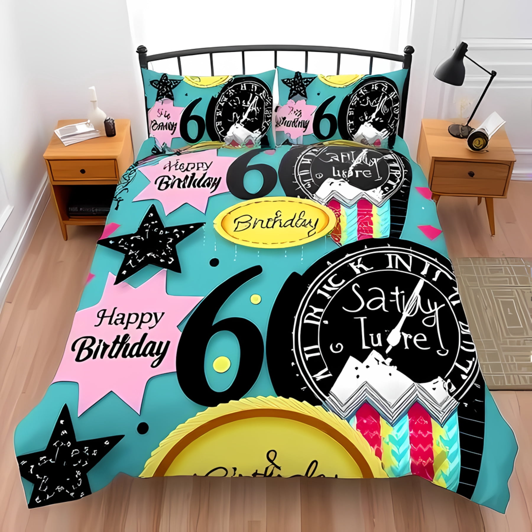 Vibrant Teal 3-Piece Duvet Cover Set with Bold Black '60' Numerals ...