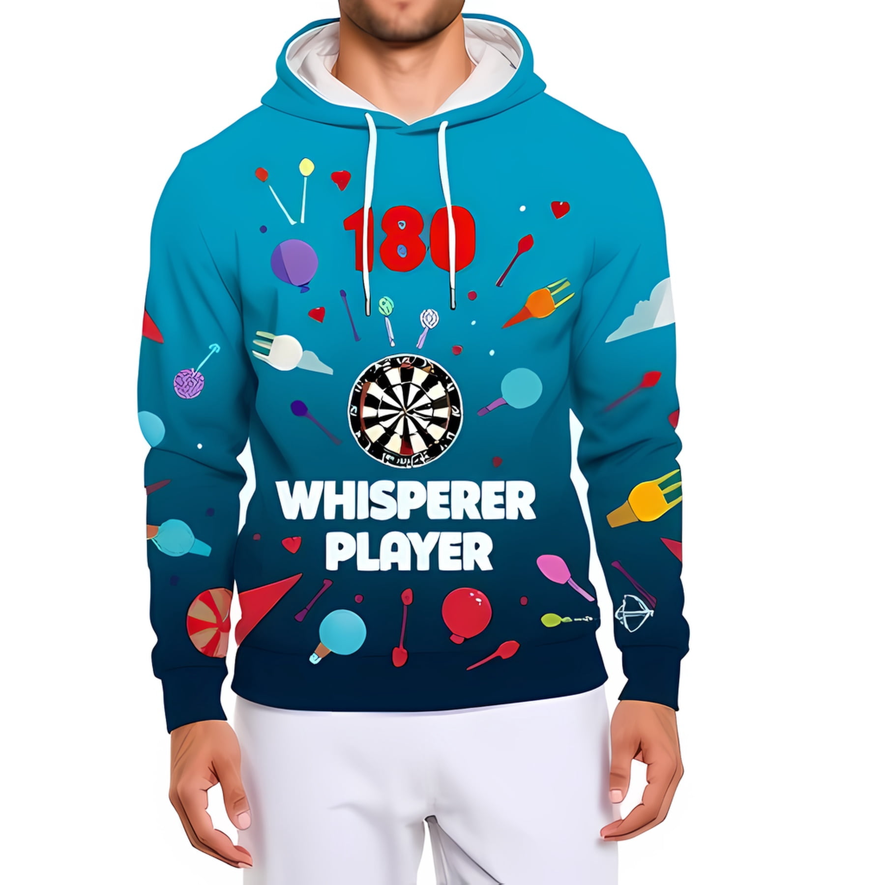 Vibrant Teal 3D Hoodie with 'Whisperer Player' and Dartboard Design ...