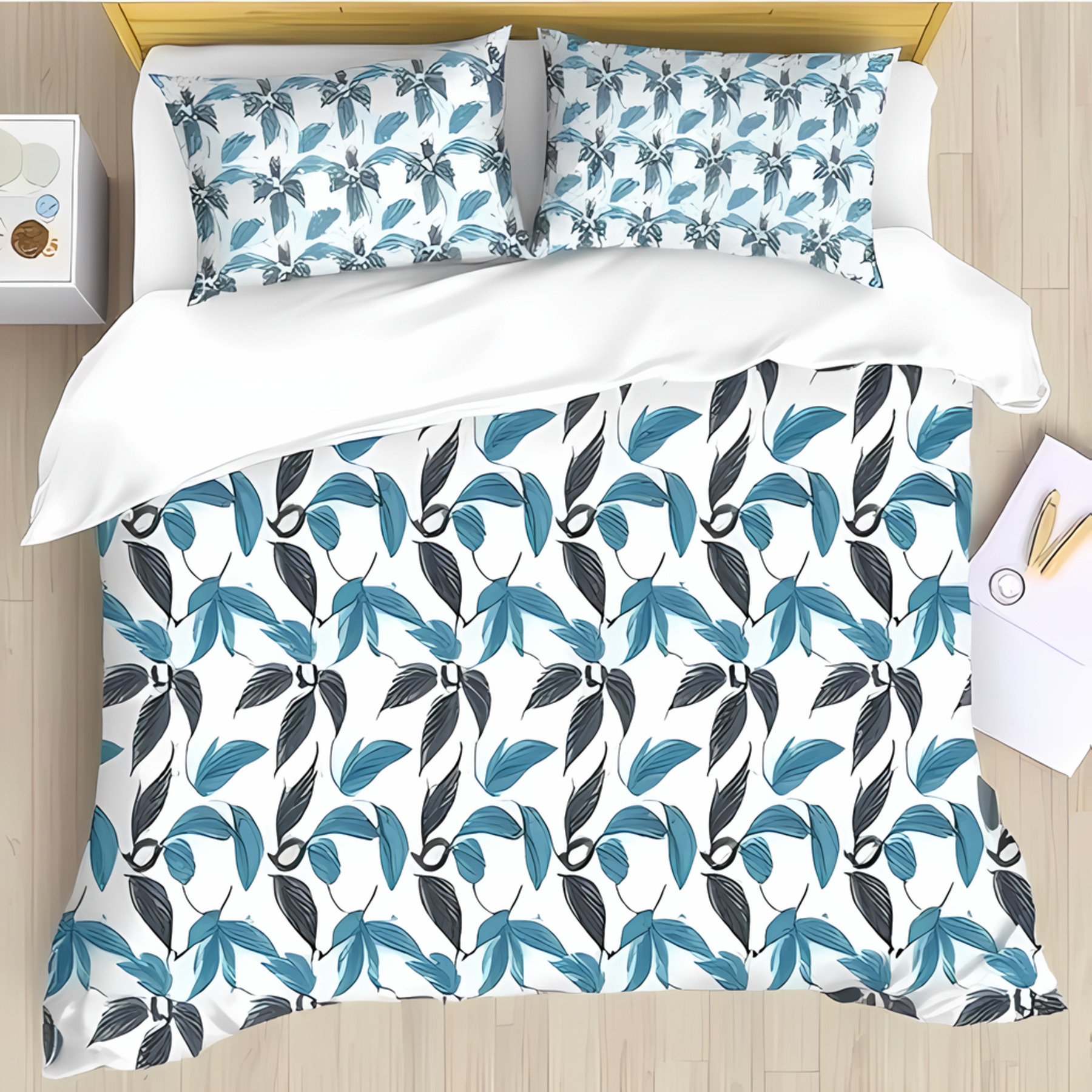 Vibrant Teal & Dark Gray Leaf Pattern Bedspread & Pillowcases Set ...