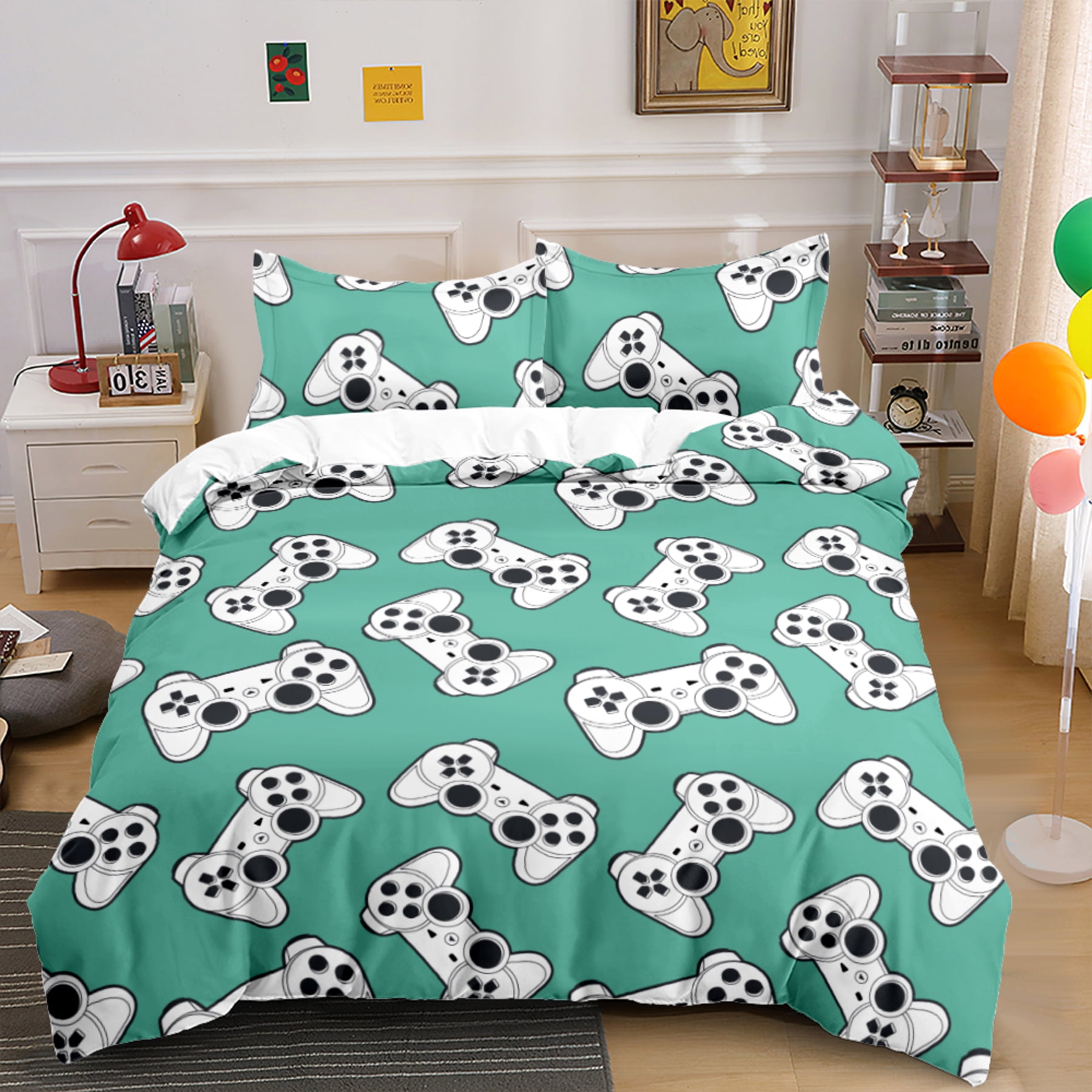 Vibrant Teal Gaming Bedding Set with White Game Controller Design Fun ...