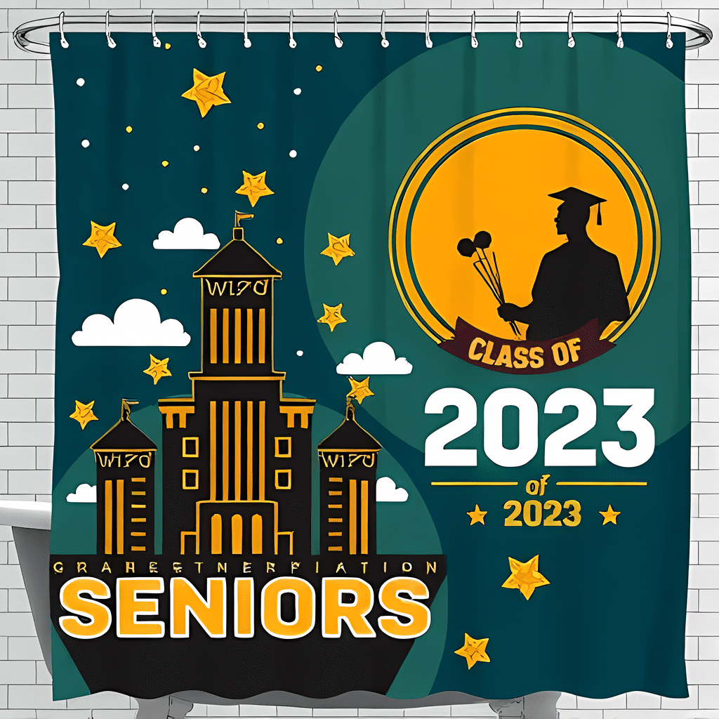 Vibrant Teal Graduation Shower Curtain with Gold Stars Whimsical Clouds ...