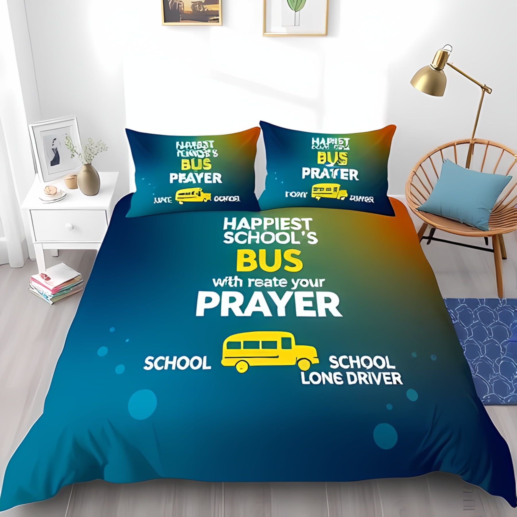 Vibrant Teal & Orange 3-Piece Duvet Cover Set with Playful School Bus ...