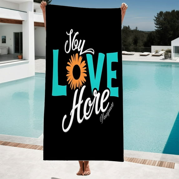 Vibrant Teal & White ' Joy ' & ' Love ' Beach Towel with Orange Flower ...