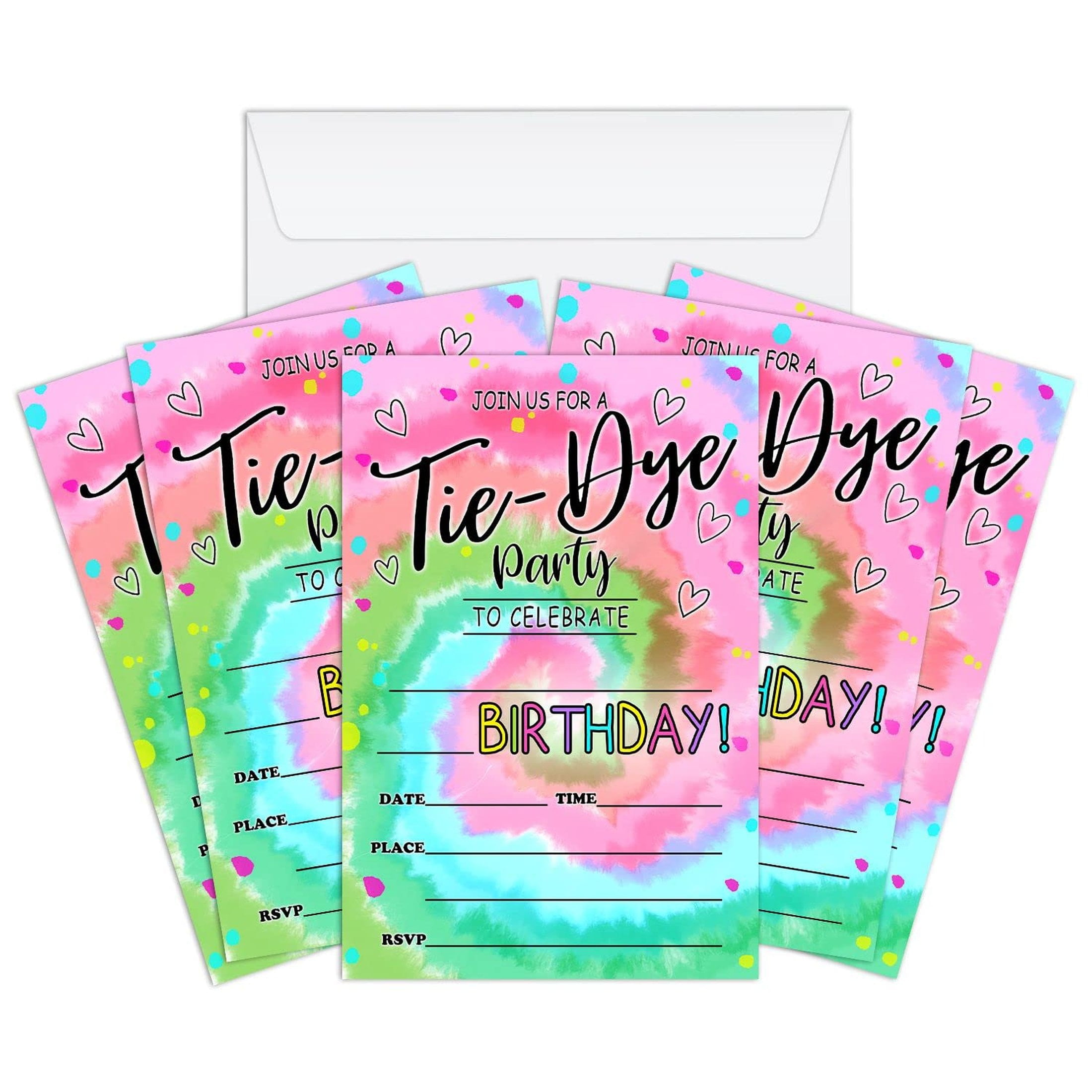 Vibrant Tie-Dye Birthday Invitations Set with Envelopes - Fun Fill-In ...