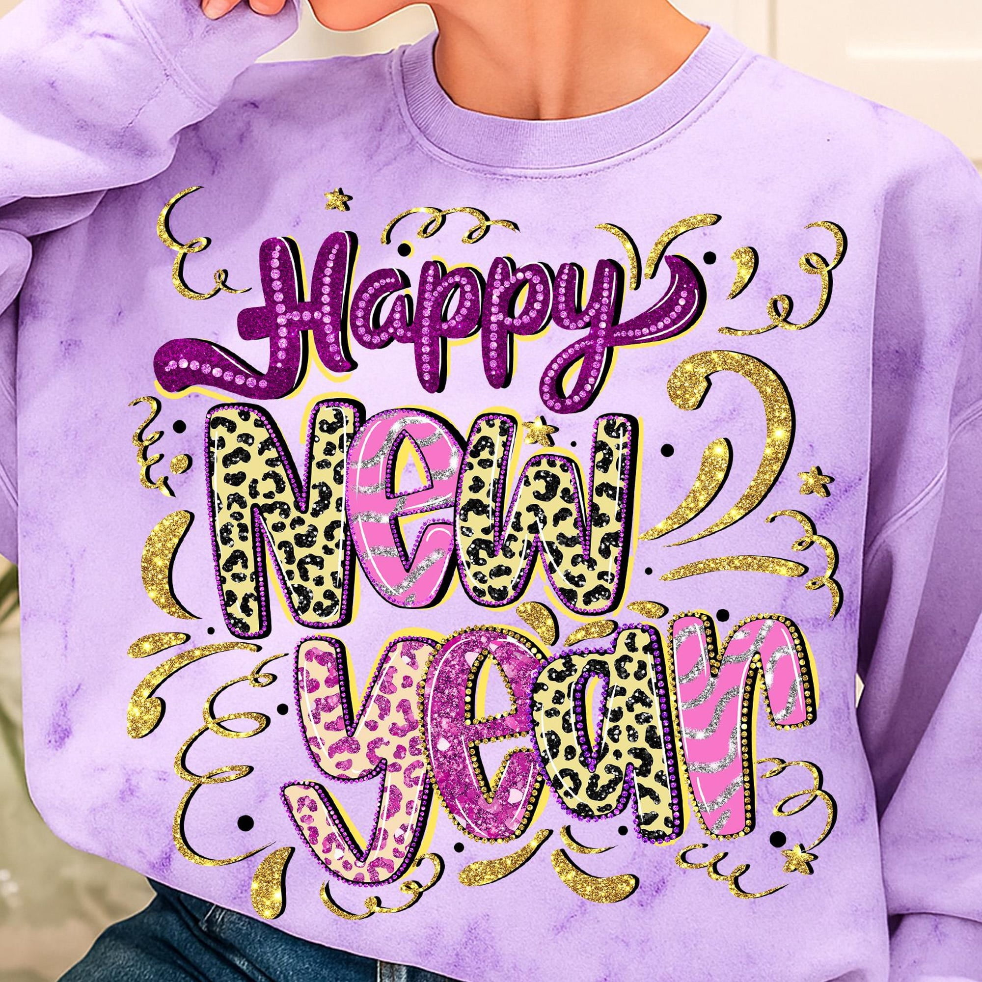 Vibrant Tie-Dye Happy New Year 2026 Leopard Print Glitter Sweatshirt ...