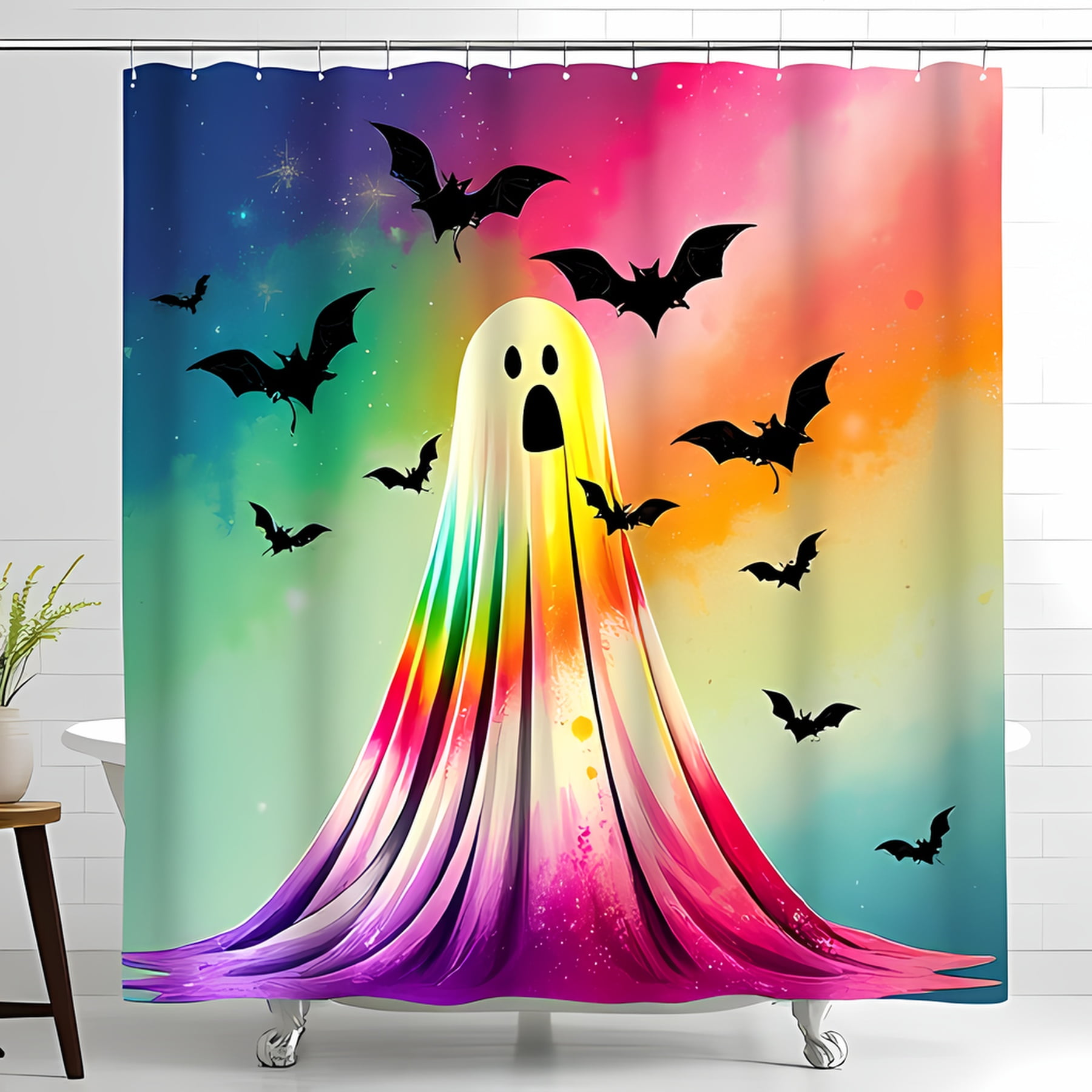 Vibrant Tie- Ghost Shower Curtain - Colorful Starry Night with Bats ...