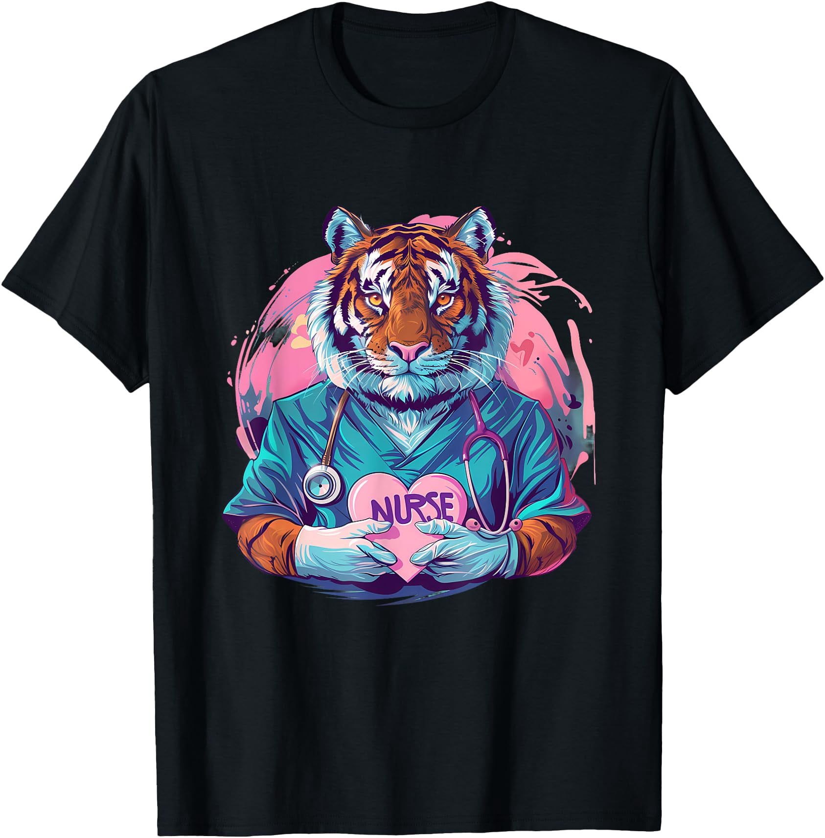Vibrant Tiger Nurse Heart Graphic T-Shirt for Healthcare Professionals ...