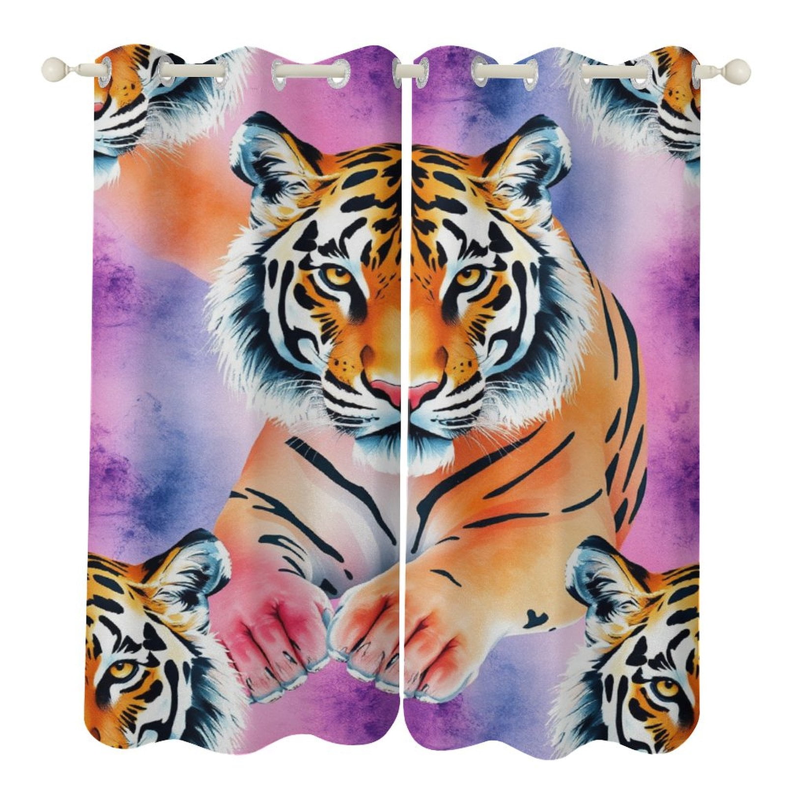 Vibrant Tiger Watercolor Pattern Curtain for Living Room Bedroom Set ...