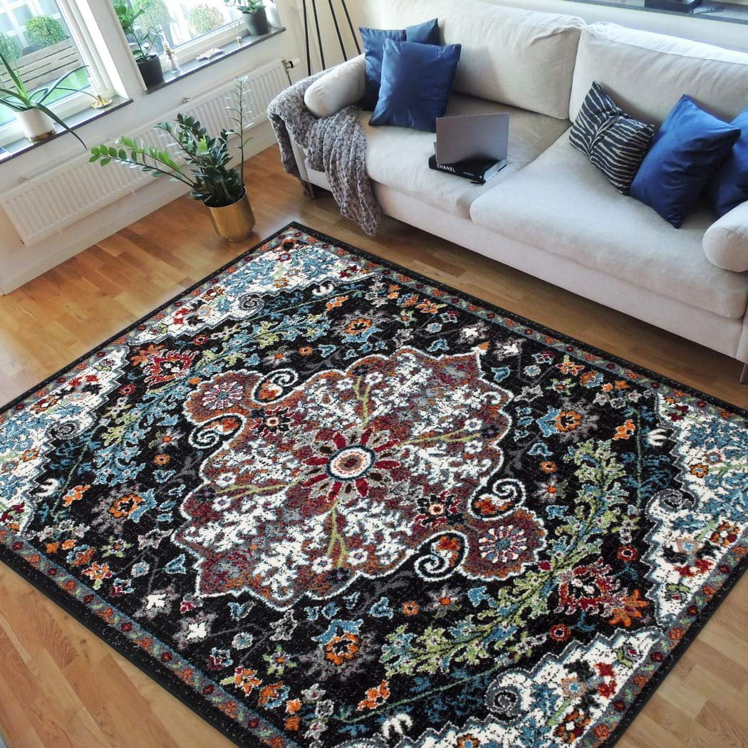 Vibrant Traditional Persian Area Rug-Black/Turquoise/Green/Multi ...
