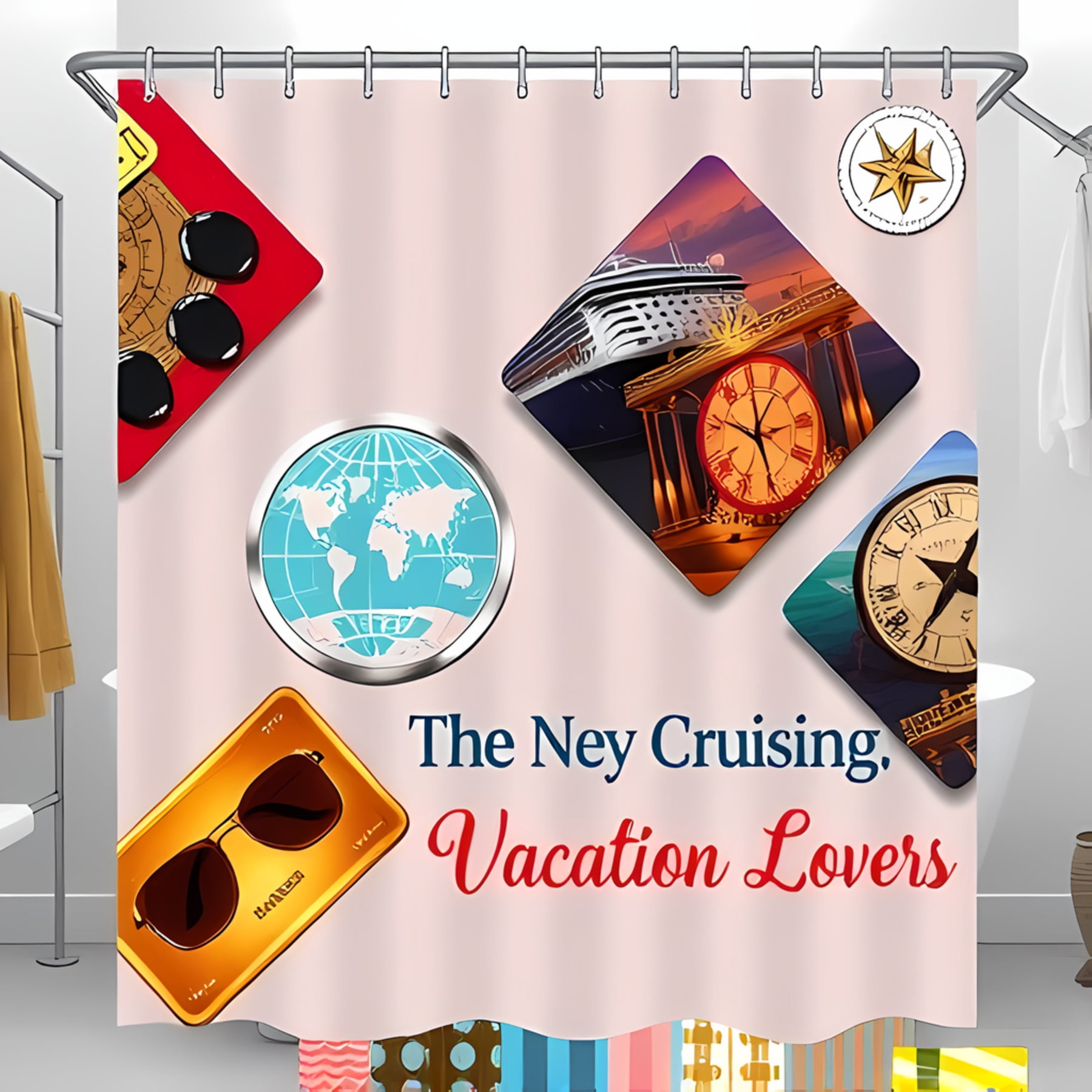 Vibrant Travel Shower Curtain with Vintage Radio World Map Clocks ...