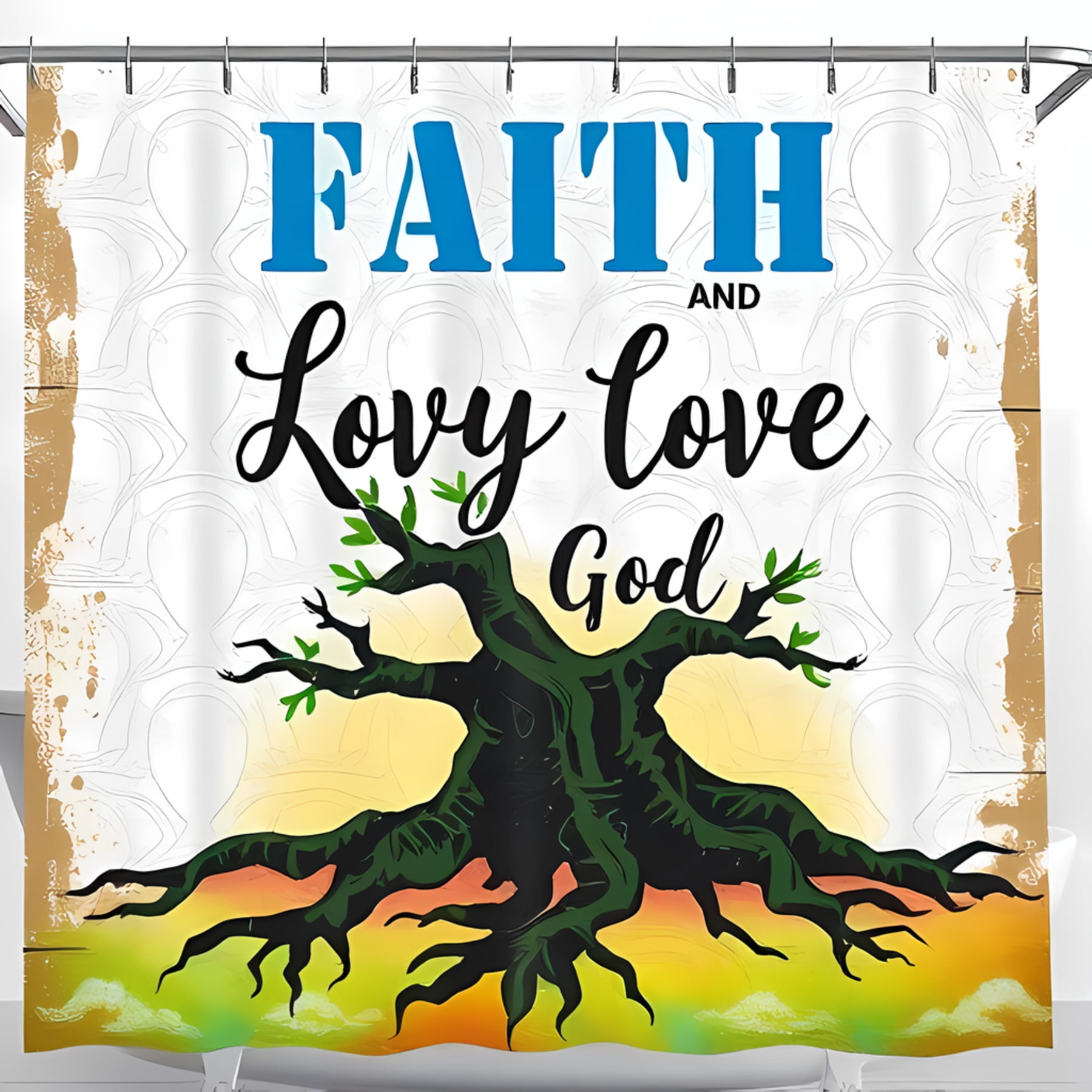 Vibrant Tree Design Shower Curtain with Inspirational " FAITH AND Lovy ...