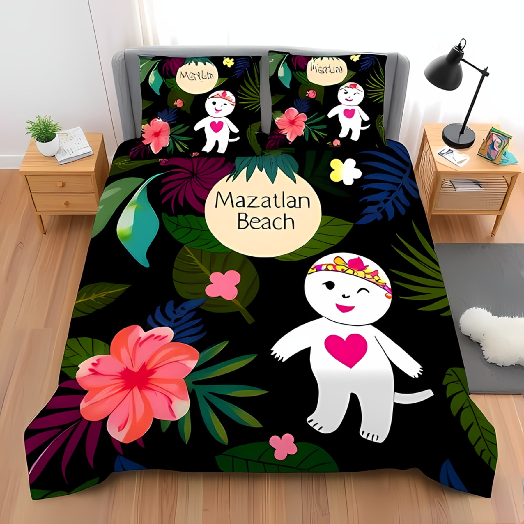 Vibrant Tropical 3-Piece Duvet Cover Set with Black Background Green ...