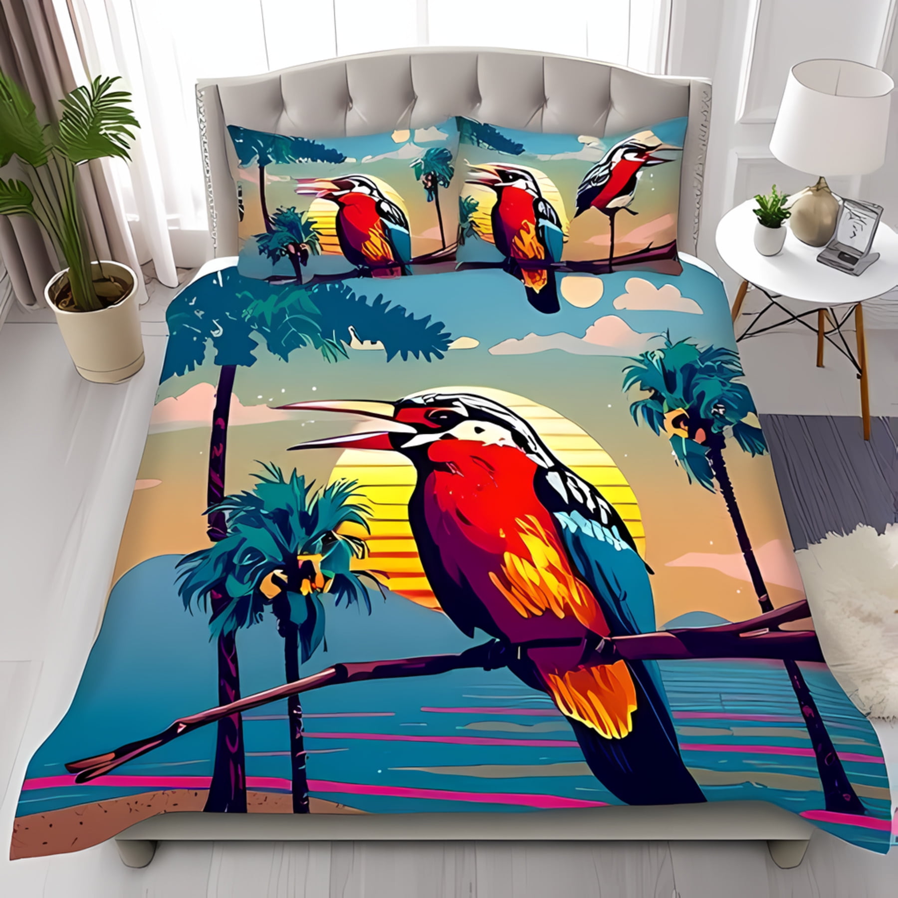 Vibrant Tropical 3-Piece Duvet Cover Set with Bold Kingfisher Design ...
