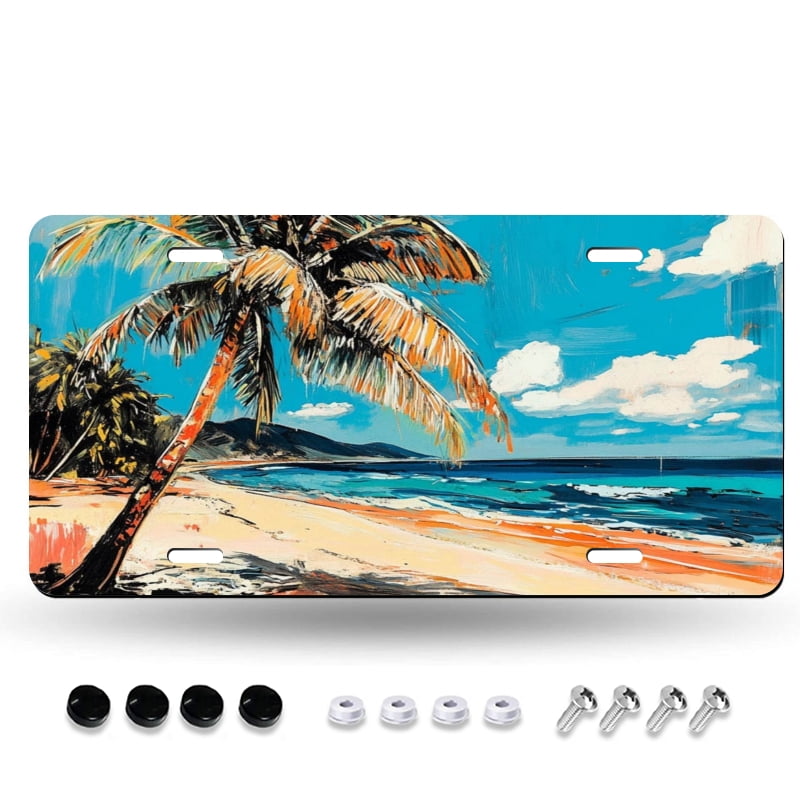 Vibrant Tropical Beach with Leaning Palm Tree License Plate Frame ...