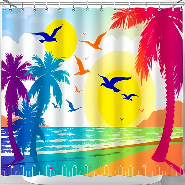 Vibrant Tropical Beach Sunset Shower Curtain Bold Colors Trees & Ocean ...