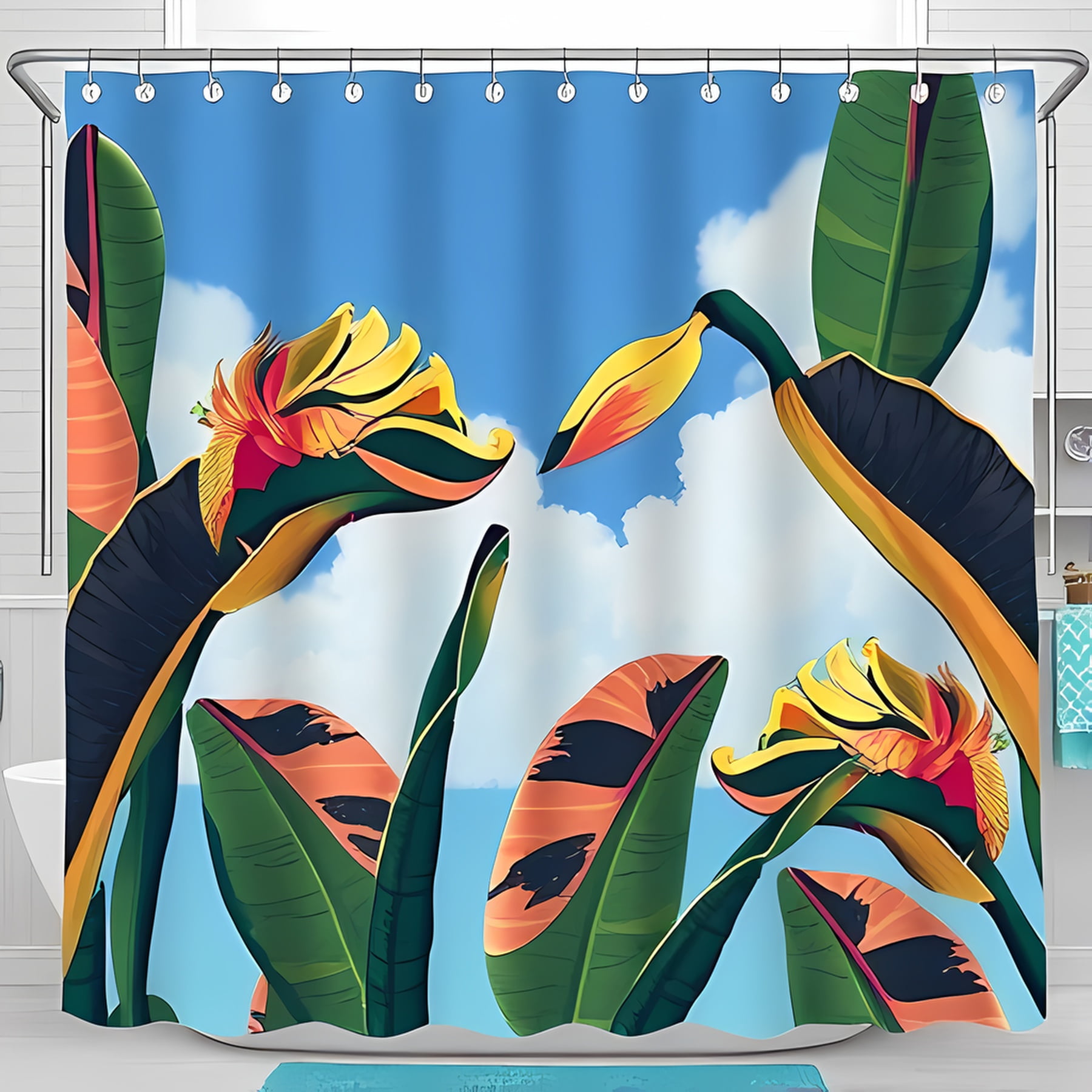 Vibrant Tropical Flora Shower Curtain - Bold Leaves & Exotic Flowers ...