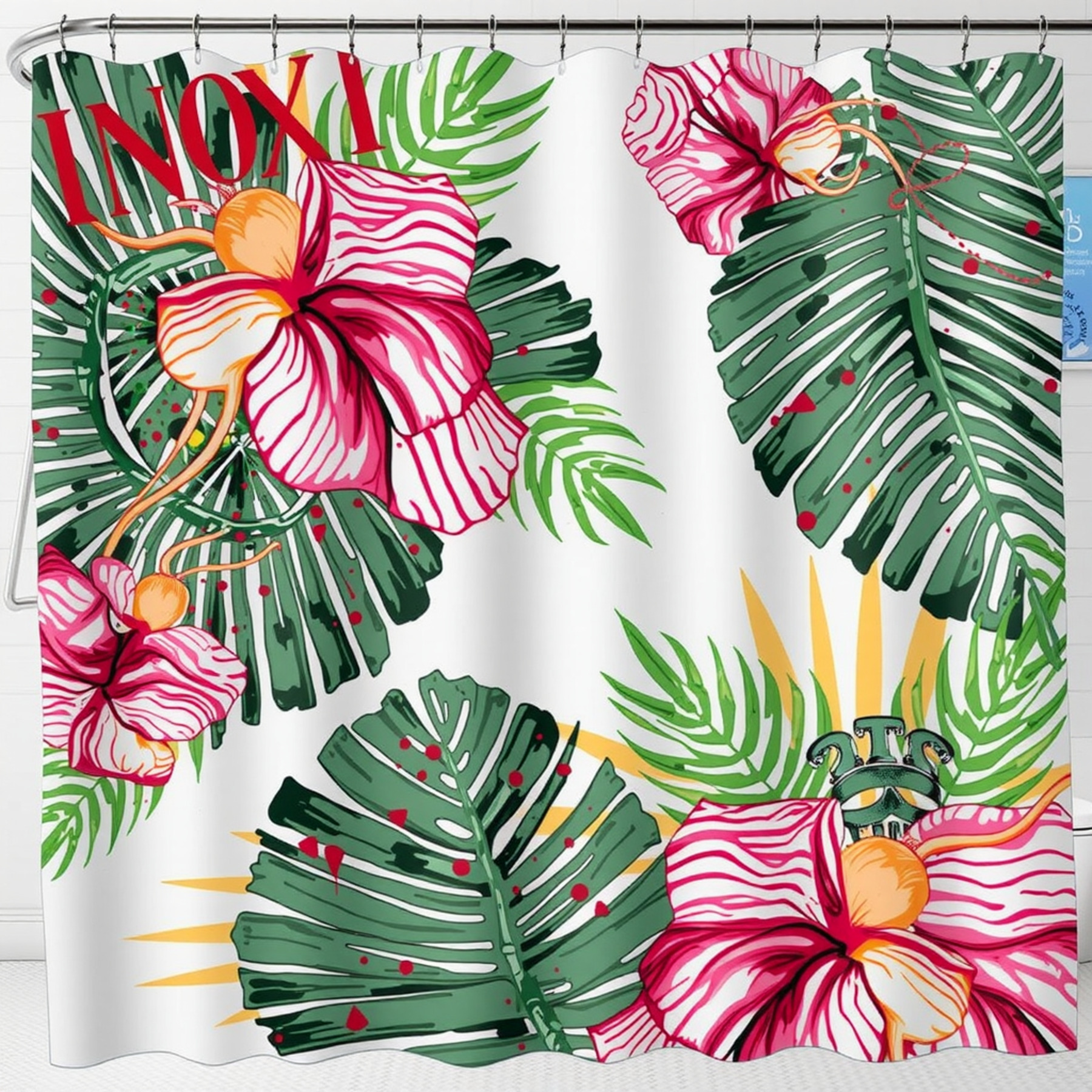 Vibrant Tropical Floral Shower Curtain Leaves - INOXI Design White ...