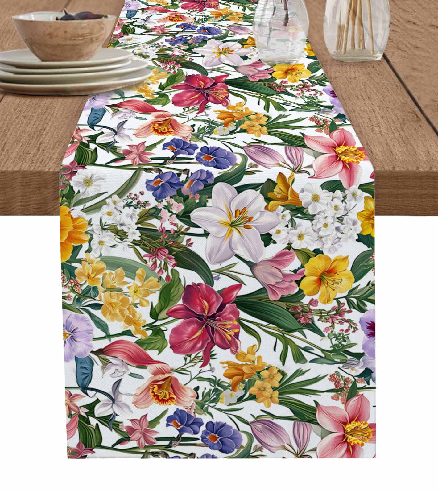 Vibrant Tropical Floral Table Runner 90 Inches, Leafy Greenery Multicolored Botanical Bed Runner ...