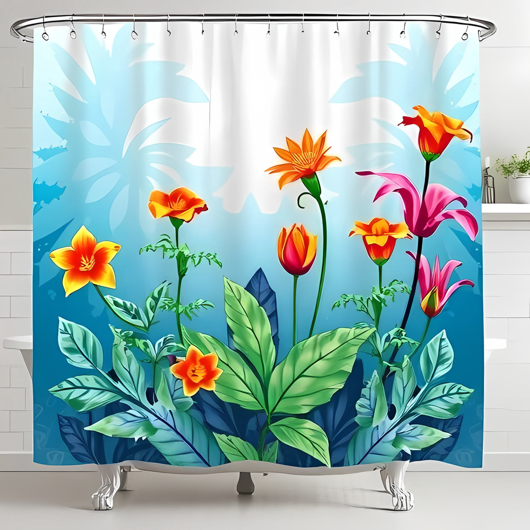 Vibrant Tropical Flower Shower Curtain - Floral Design with Fronds ...