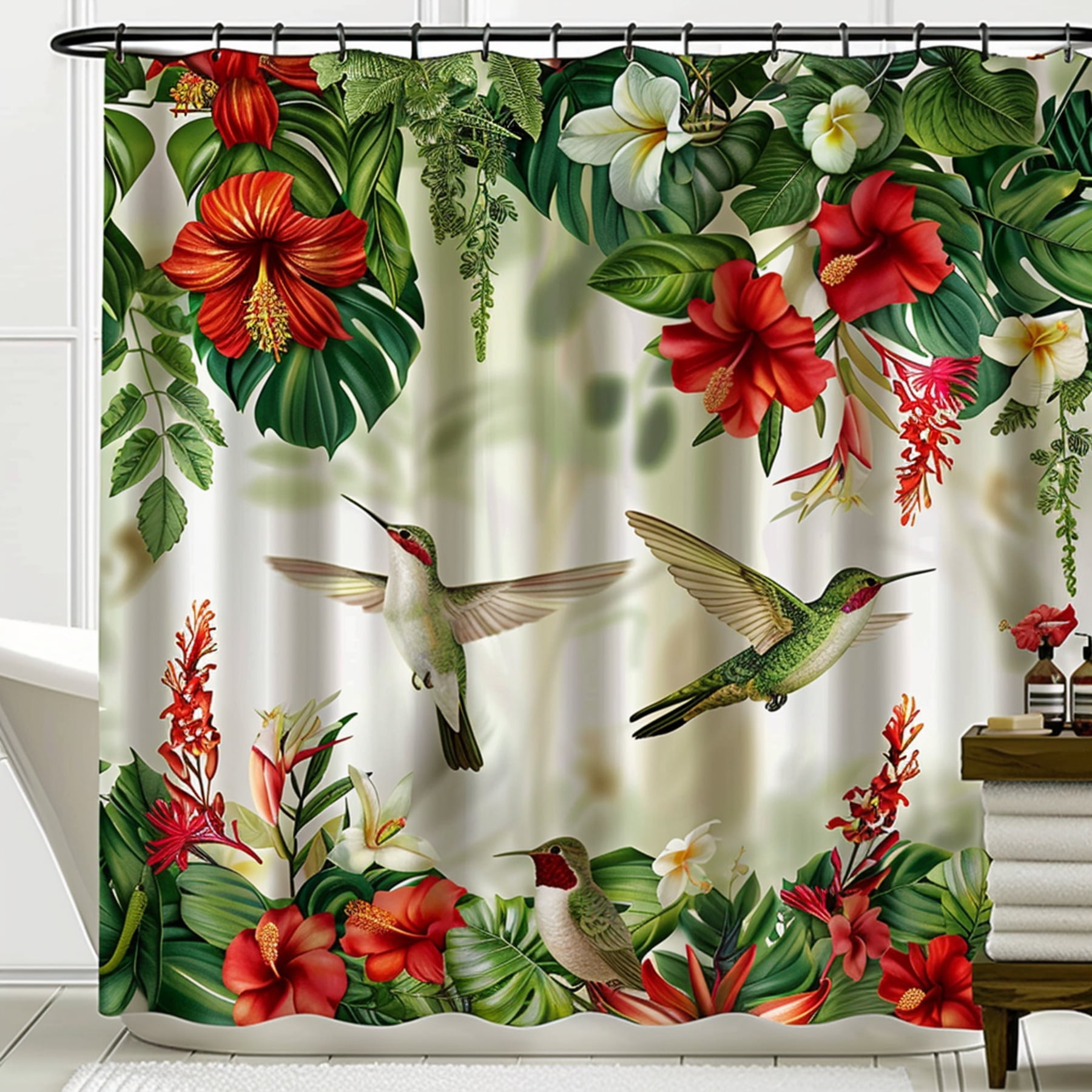 Vibrant Tropical Hibiscus And Hummingbird Shower Curtain Hyperrealistic