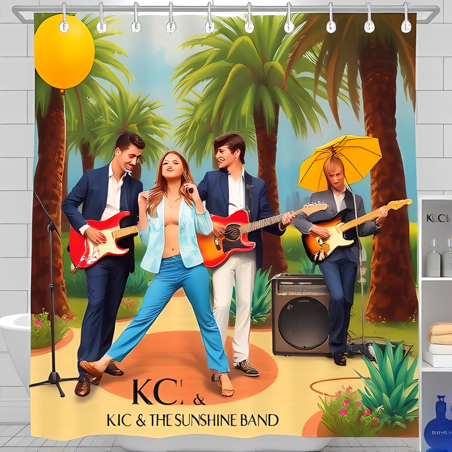 Vibrant Tropical Island Band Shower Curtain - 1960s Pop Art Style with ...