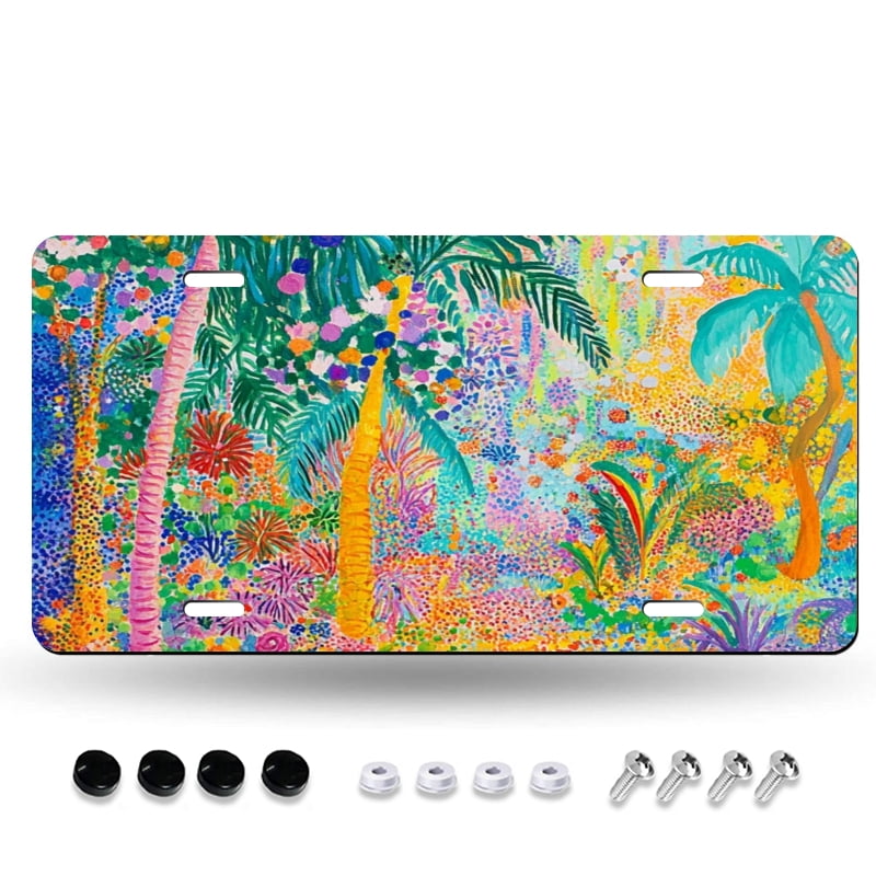 Vibrant Tropical Landscape with Palm Trees and Flowers License Plate ...