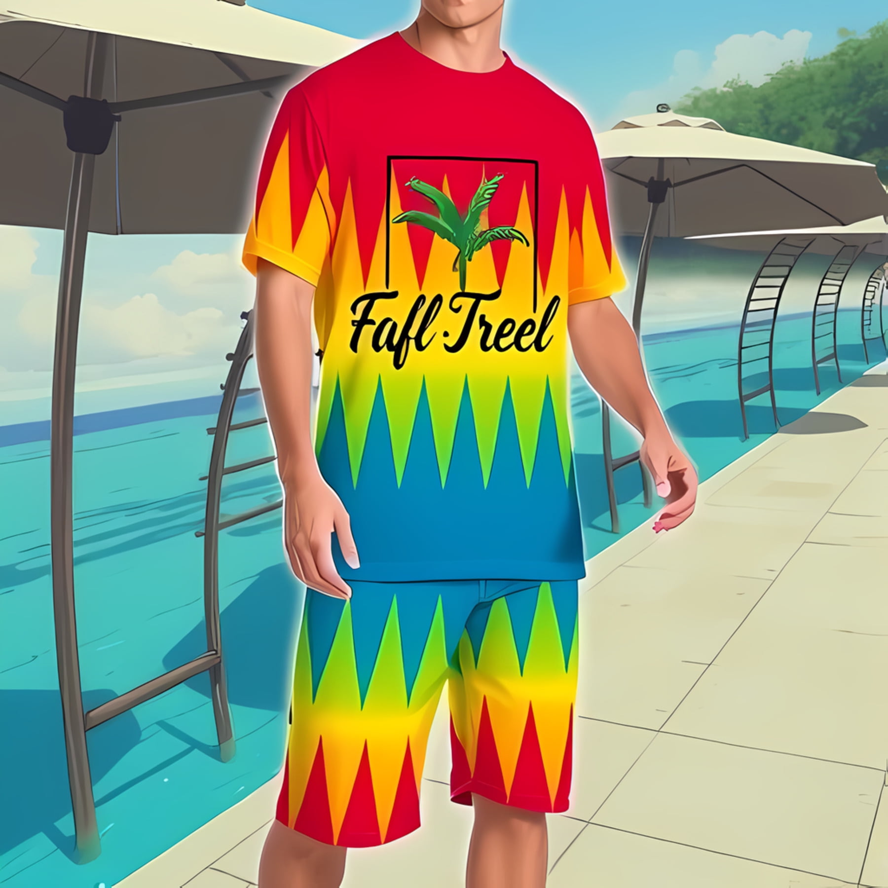 Vibrant Tropical Matching Shirt & Shorts Set with Bold Geometric ...